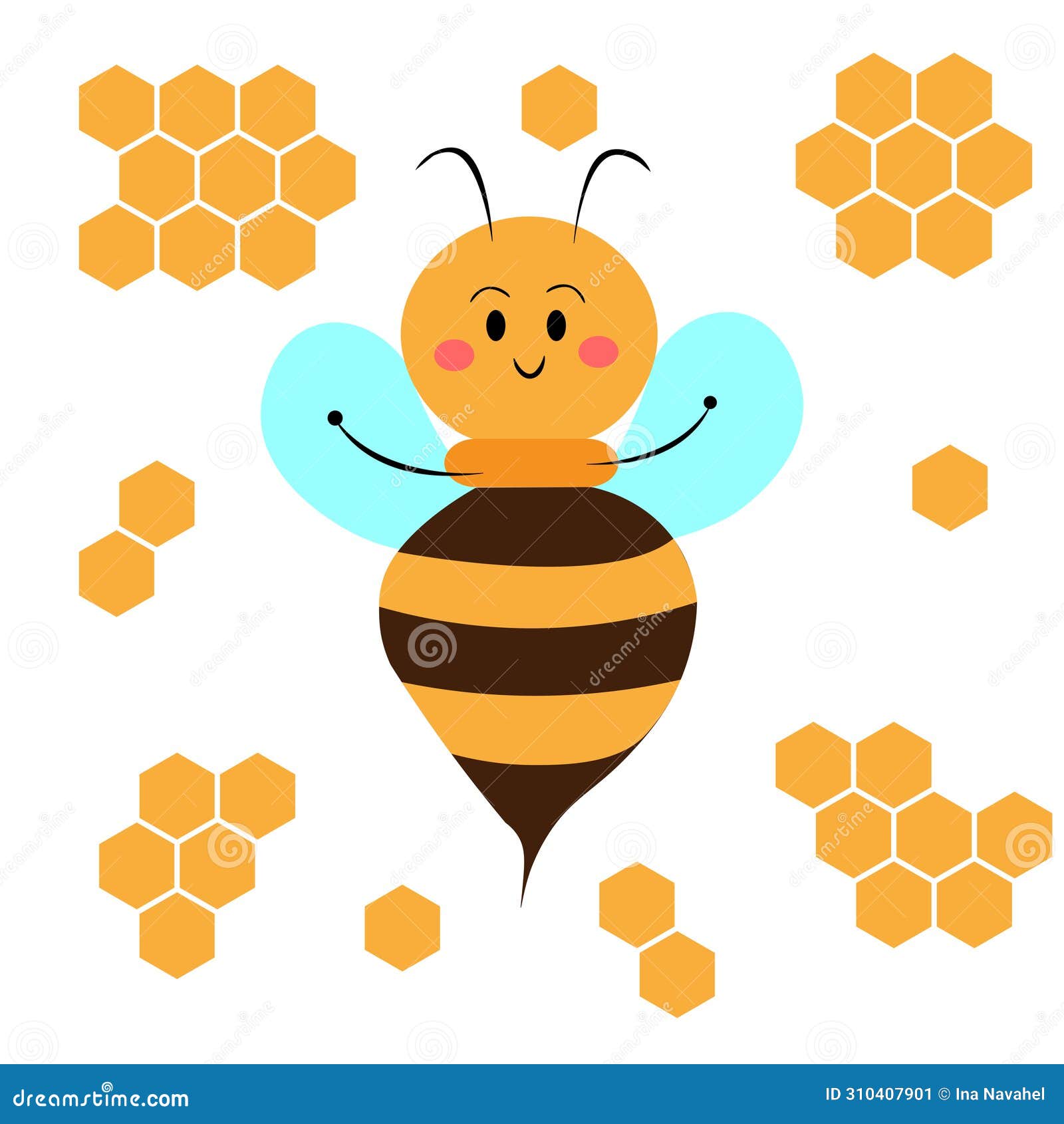 Cute Friendly Bee. Happy Flying Bee and Honeycomb on White Background ...