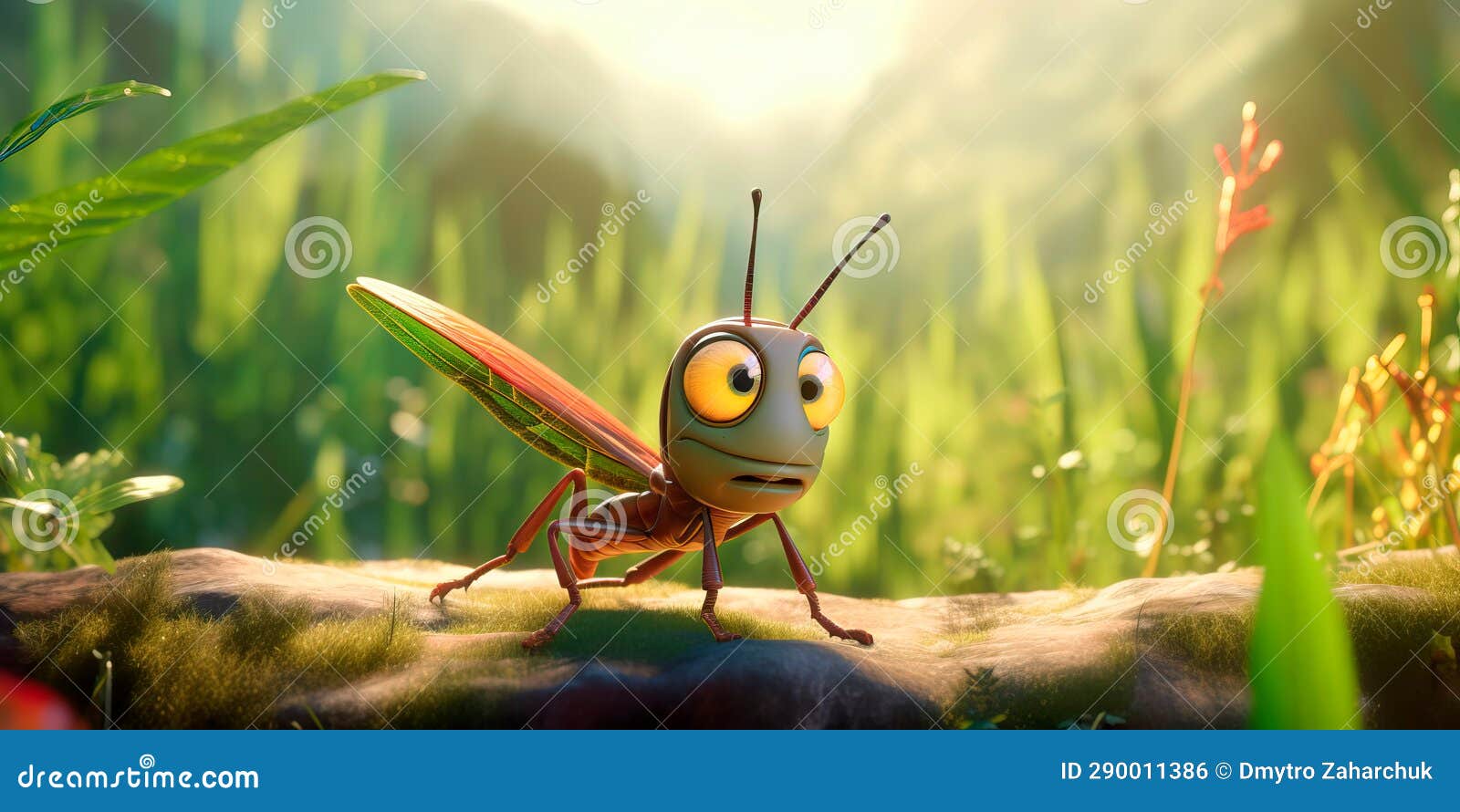 Cute Friendly Grasshopper and His Journeys Along the Paths. Generative ...