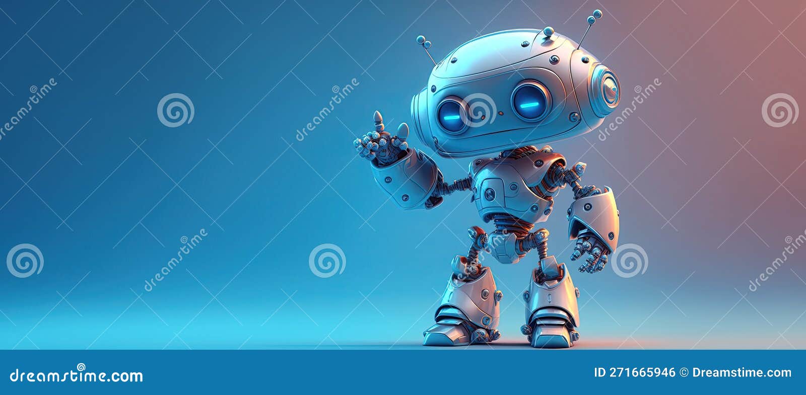 Cute Friendly Robot Pointing Fingers at Copy Space on Blue Background ...