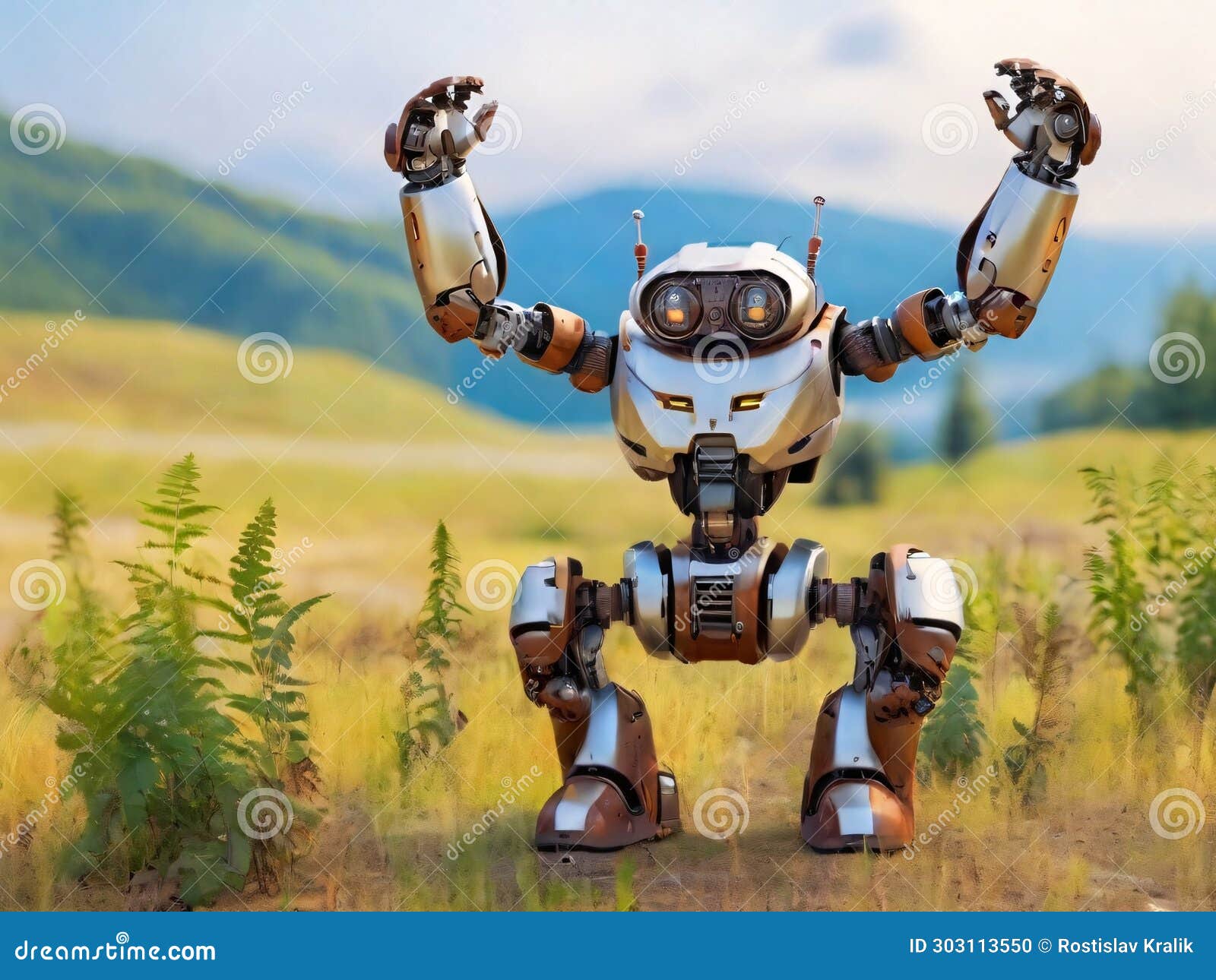 Cute and Friendly Robot Raising Hands To Greet Humans. Stock ...