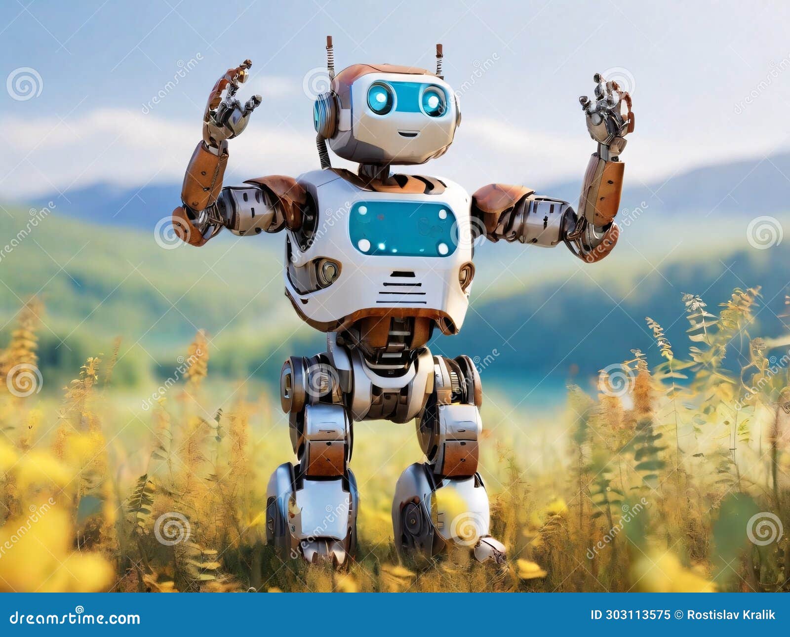 Cute and Friendly Robot Raising Hands To Greet Humans. Stock ...