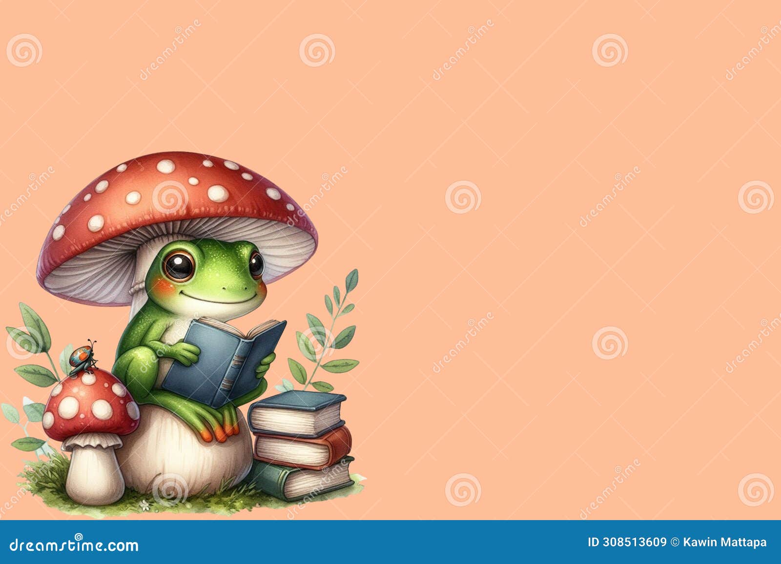 Cute Frog Reading a Book Peach Fuzz Color Background Stock Illustration ...