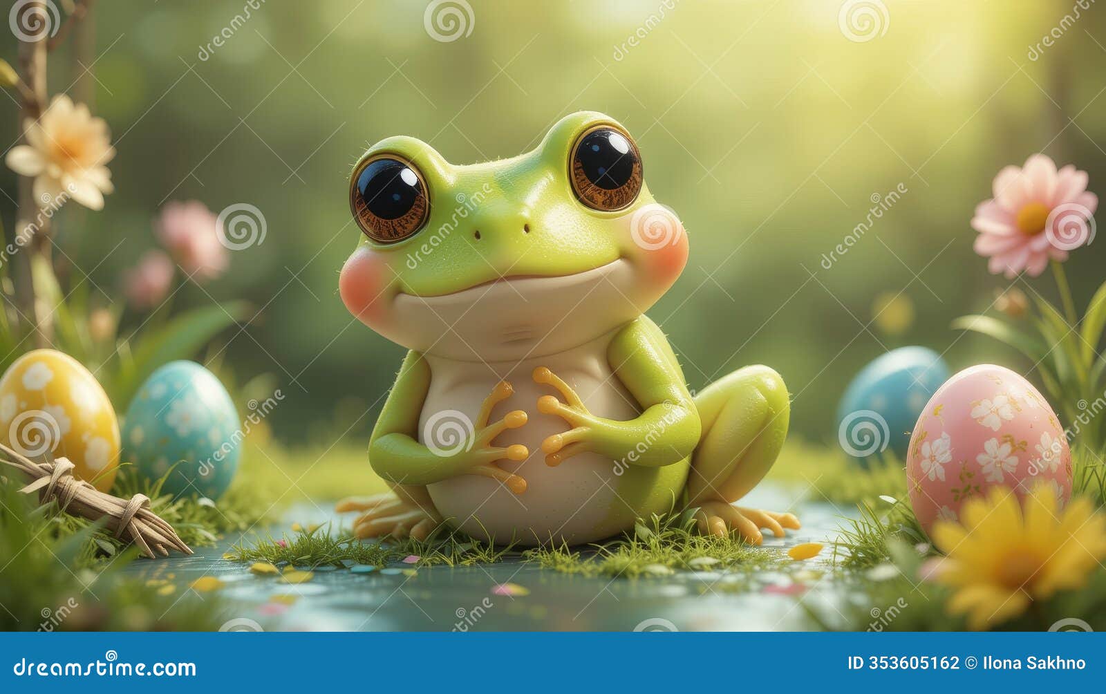 Cute Frog Sitting among Easter Eggs in a Spring Field Stock Photo ...