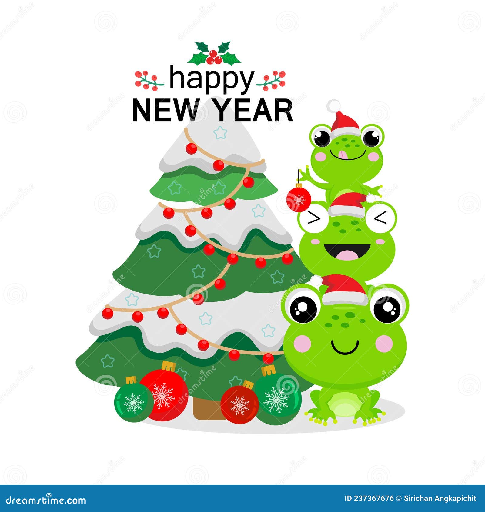Cute Frogs Wearing Christmas Hat Decorate Christmas Tree Stock Vector ...