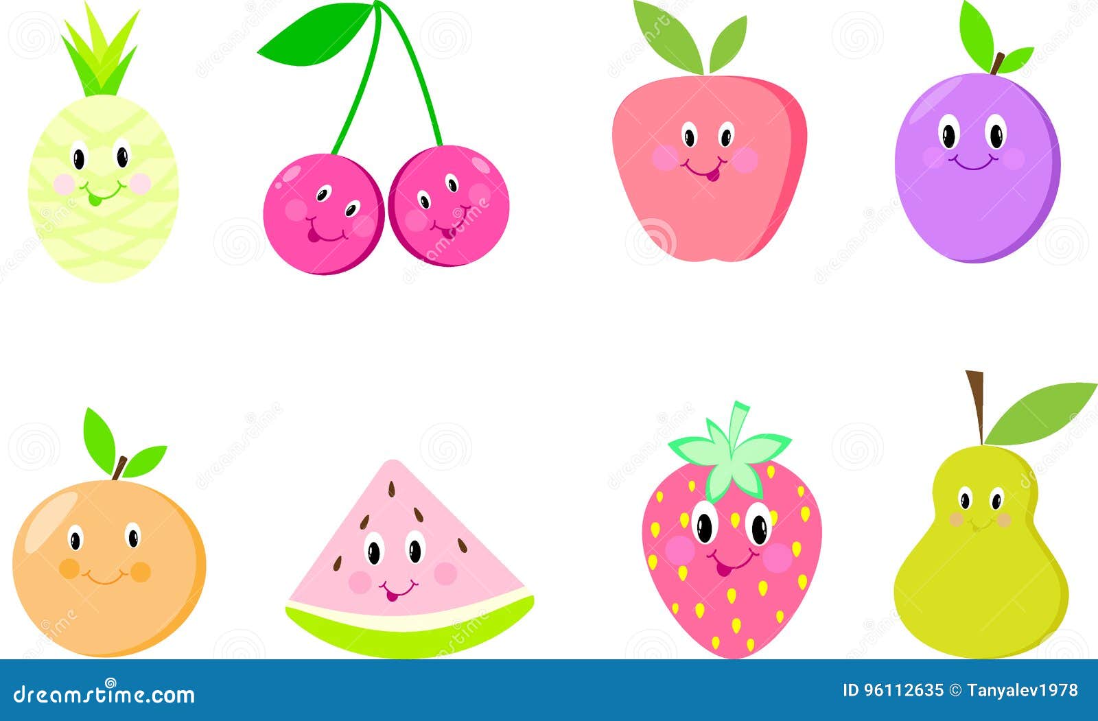 Cute Fruit Cartoon Set Isolated Stock Vector - Illustration of food ...