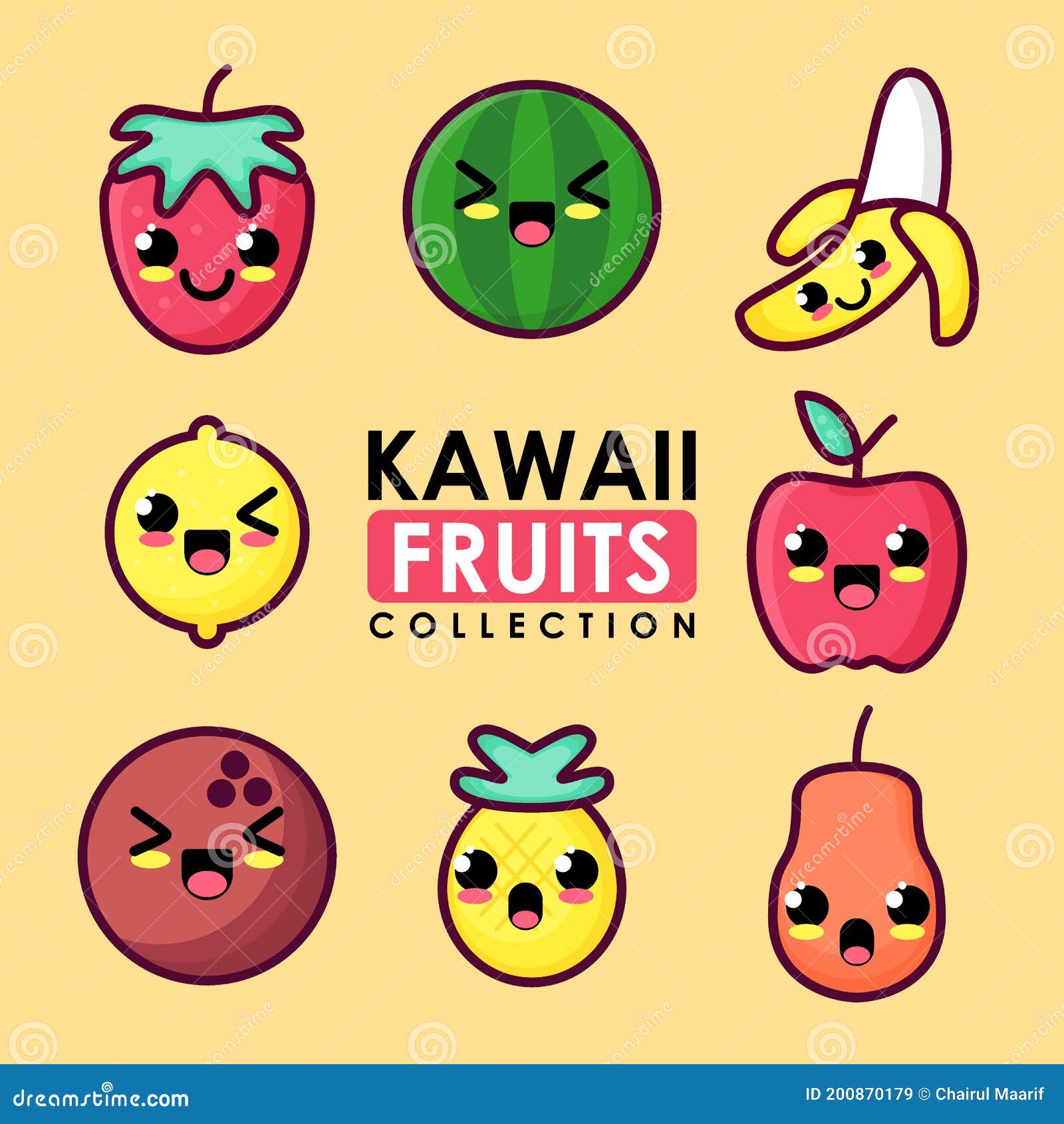 Cute Fruits Collection with Flat Style Stock Vector - Illustration of ...