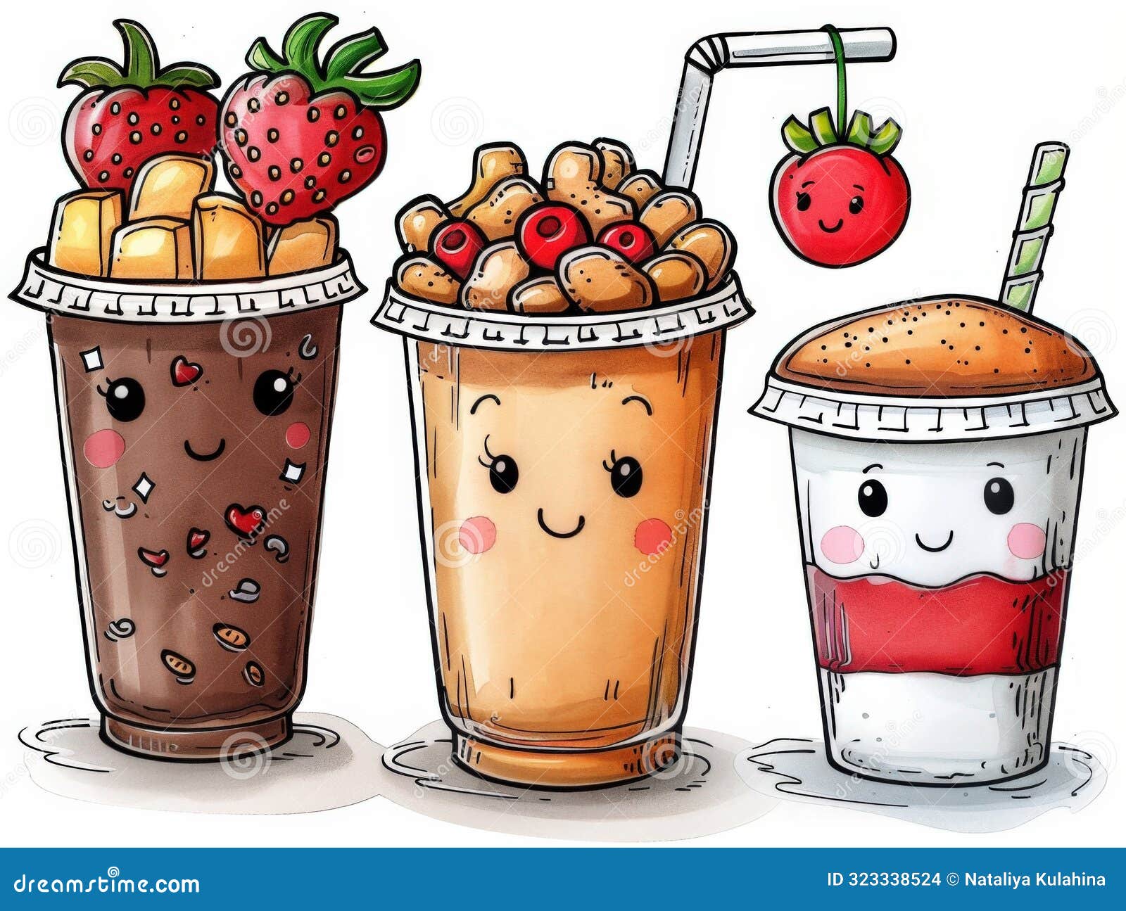 Cute and Fun Drink Illustrations with Various Toppings and Smiling ...