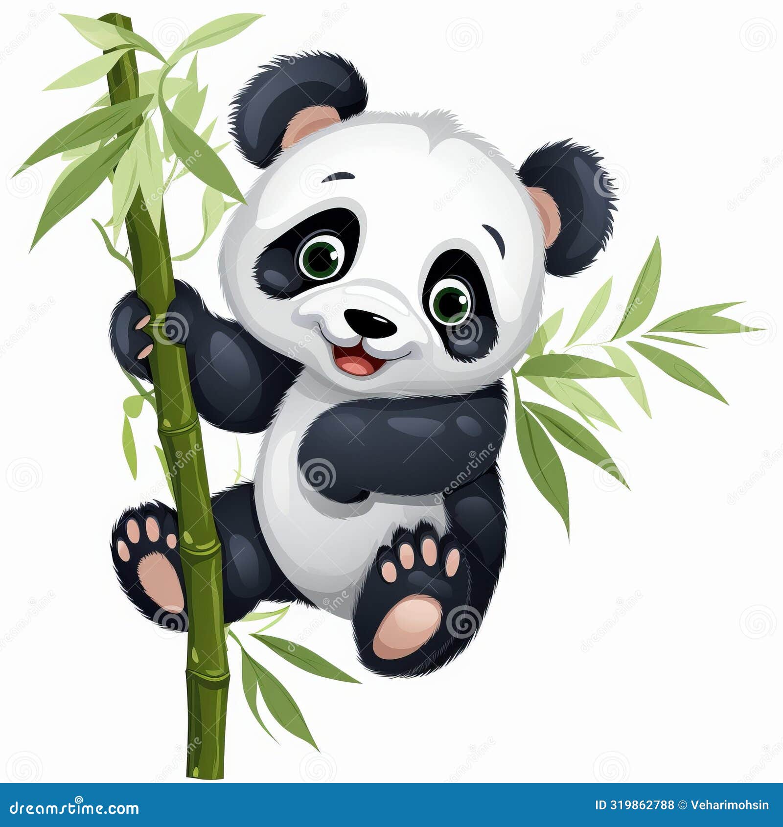 Cute Funny Baby Panda Hanging on a Bamboo Tree, Vector Illustration ...
