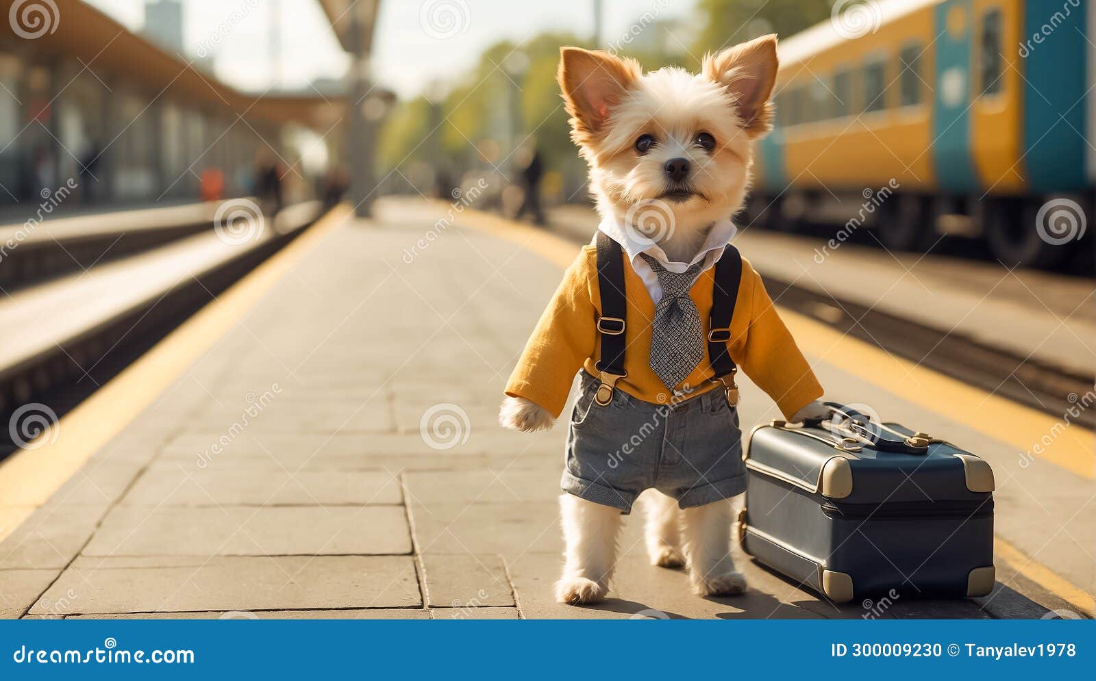 Cute Funny Cartoon Dog Clothes with a Suitcase on the Platform Stock ...