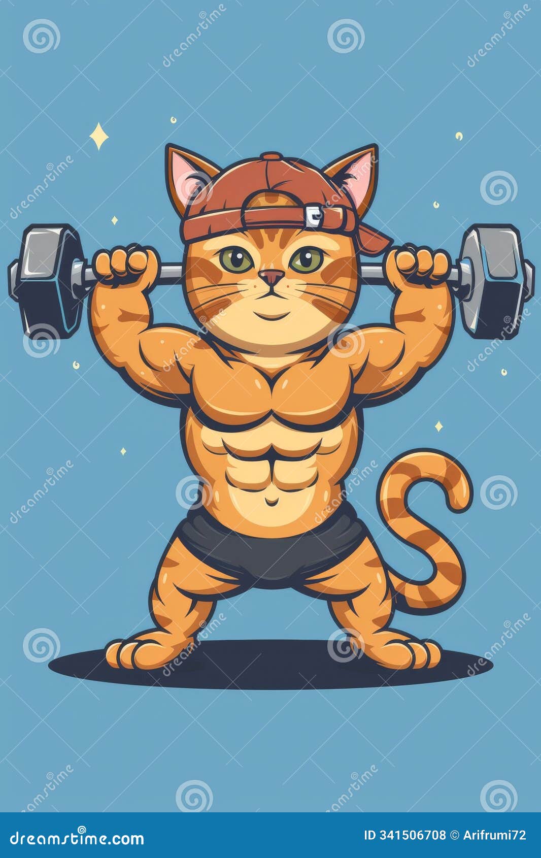 Cute Funny Cat Bodybuilder Flat Illustration with International Cat Day ...