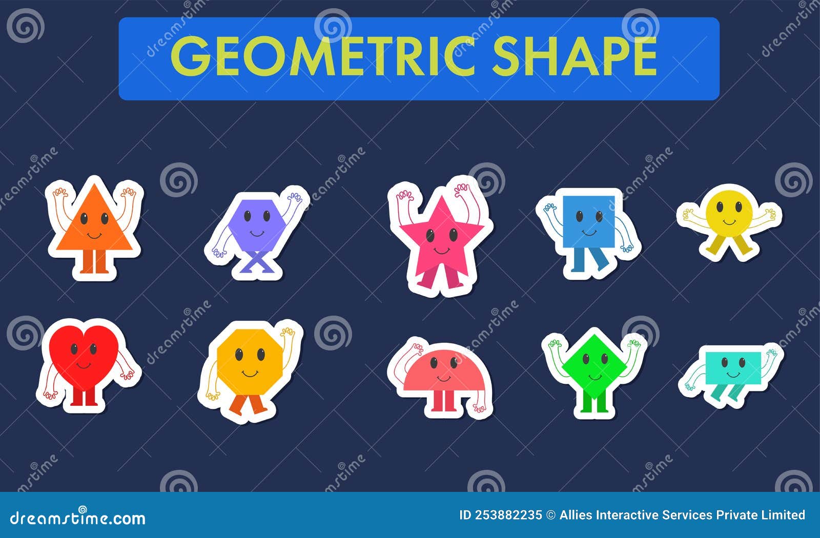 Cute Funny Cheerful Geometric Shape Collection on Blue Stock ...