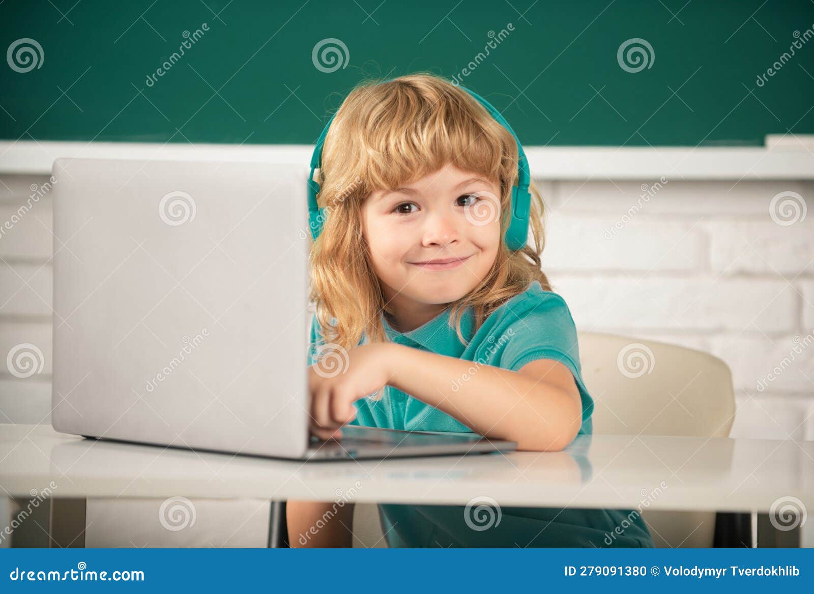 Cute Funny Child Using Laptop Computer, Kid Boy Studying through Online ...