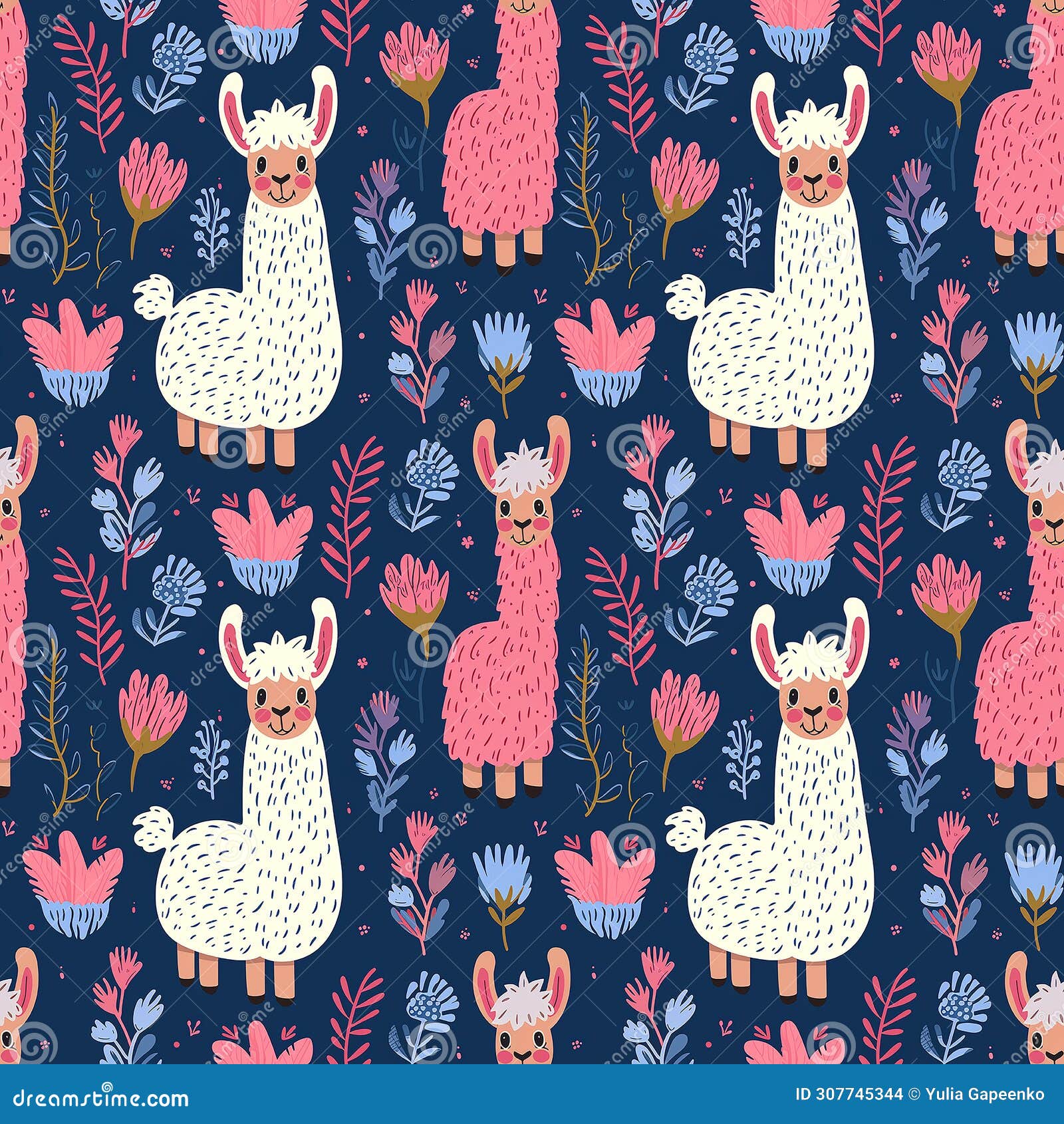 Cute Funny Cute Blue Seamless Pattern Background with Lama Pattern ...