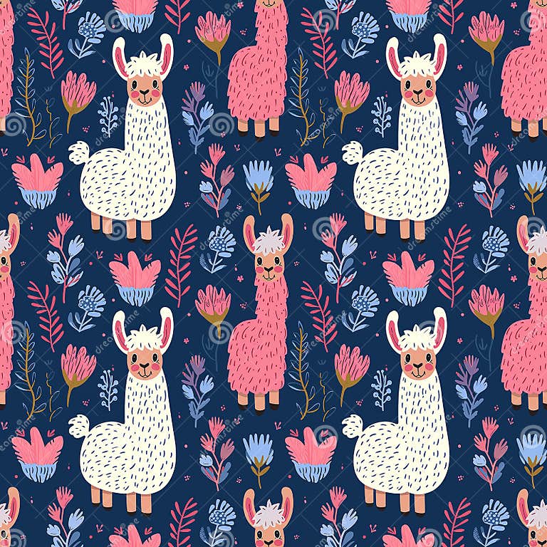 Cute Funny Cute Blue Seamless Pattern Background with Lama Pattern ...