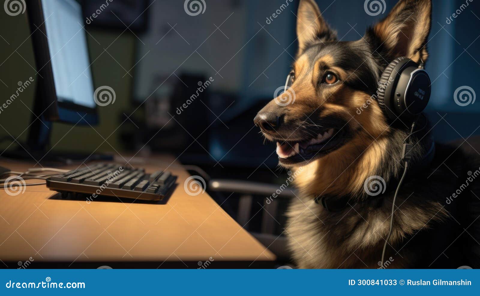 A Cute Funny Dog in a is Working at a Laptop. the Pet Works at the ...