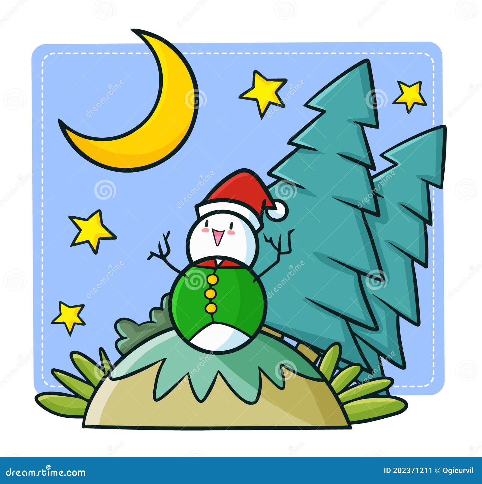 Cute and Funny Dressed Snowman Feeling Happy Under the Crescent Moon ...