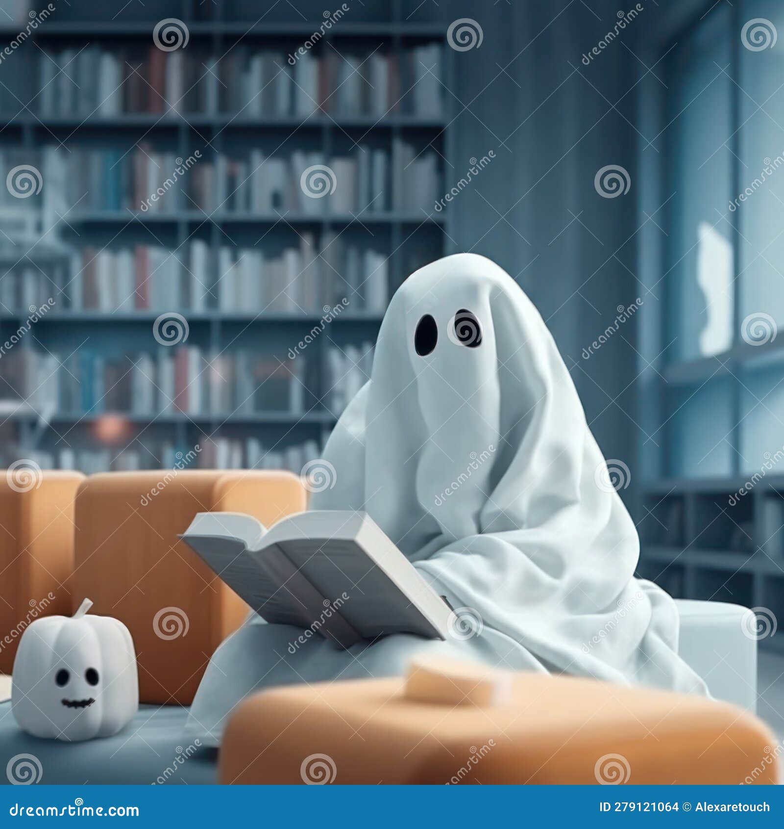 Cute and Funny Ghost Reading a Book Stock Illustration - Illustration ...