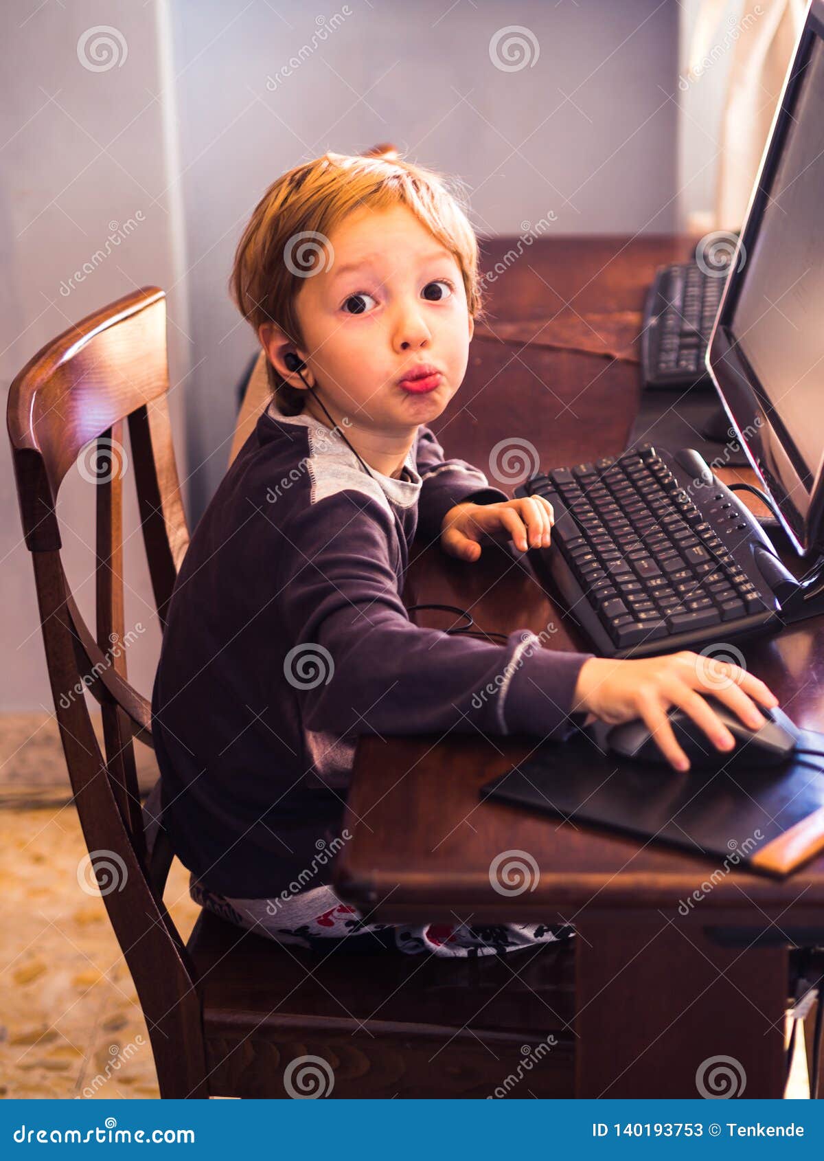 Cute Funny Little Boy at Computer with Headset Stock Image - Image of ...