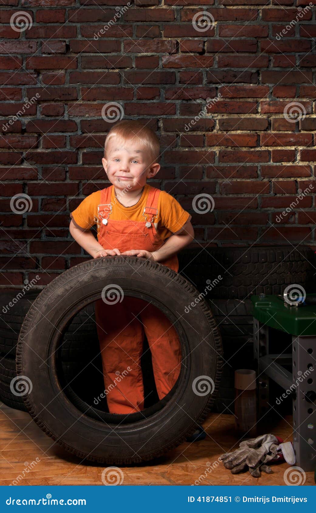 Cute and Funny Little Mechanic with a Tire Stock Image - Image of male ...