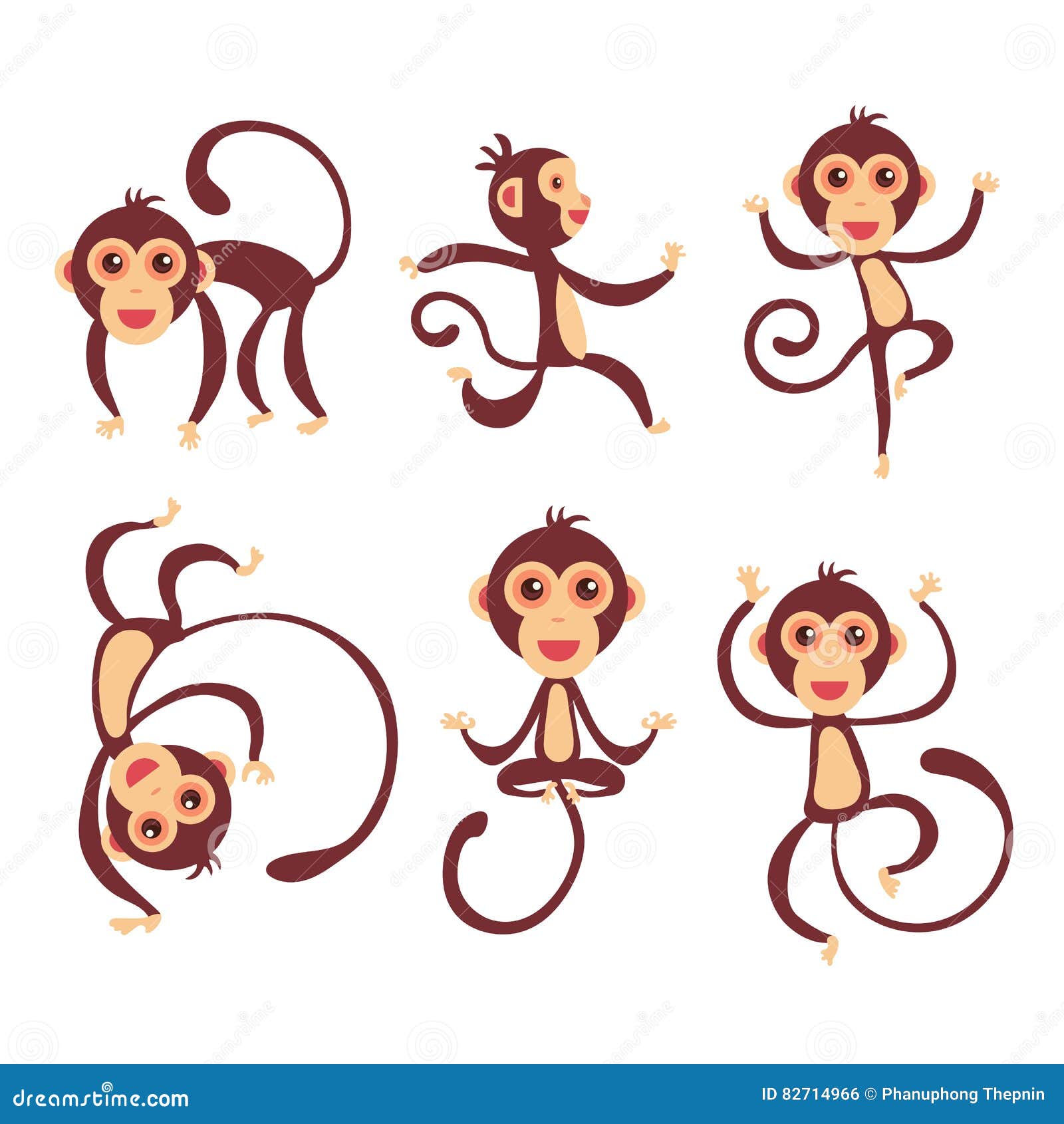 Set Of Funny Monkeys In Different Poses On The Blue Background. Vector ...