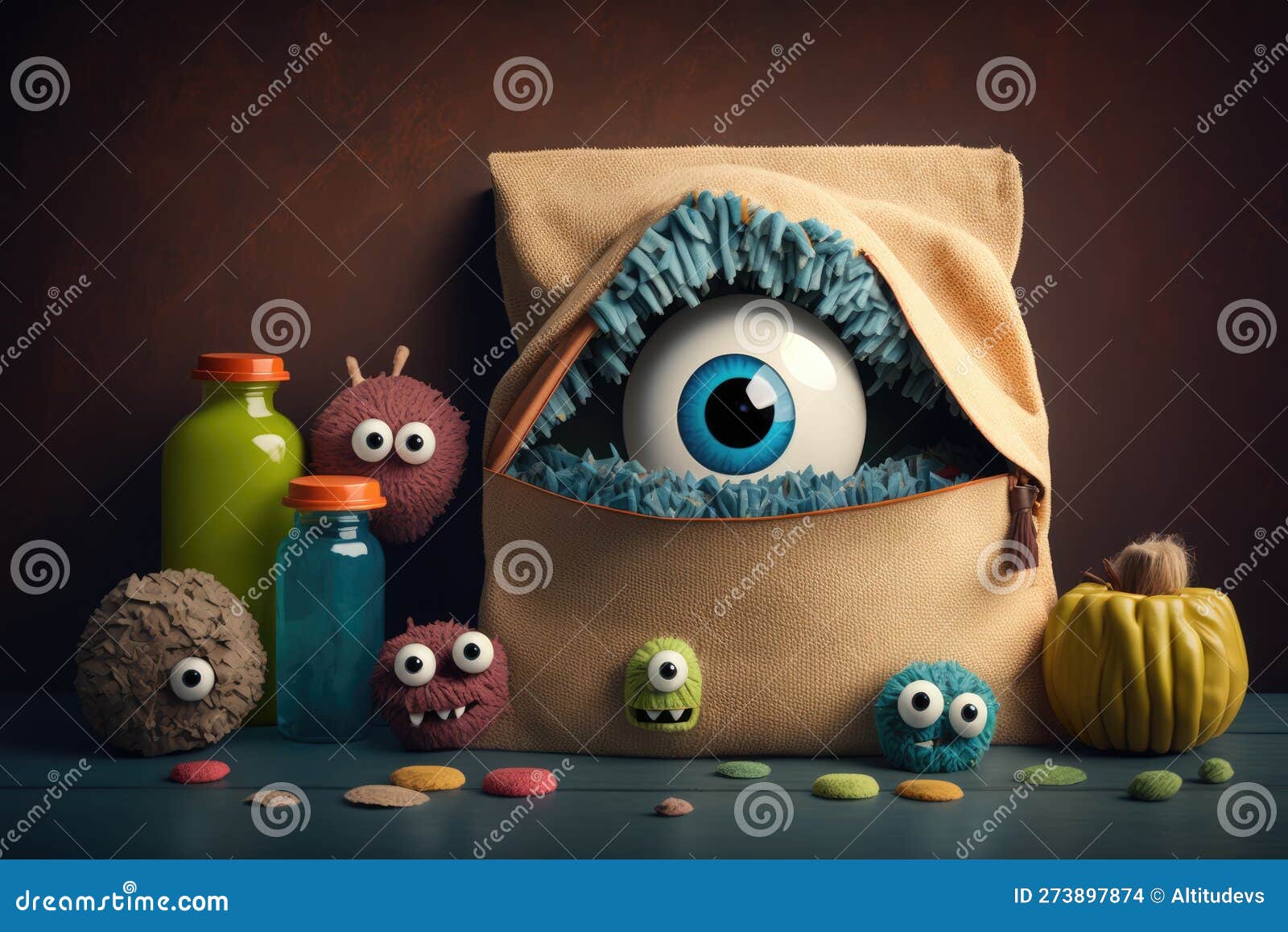 Cute Funny Monster Hiding Behind Various Objects, Peeking Out at the ...