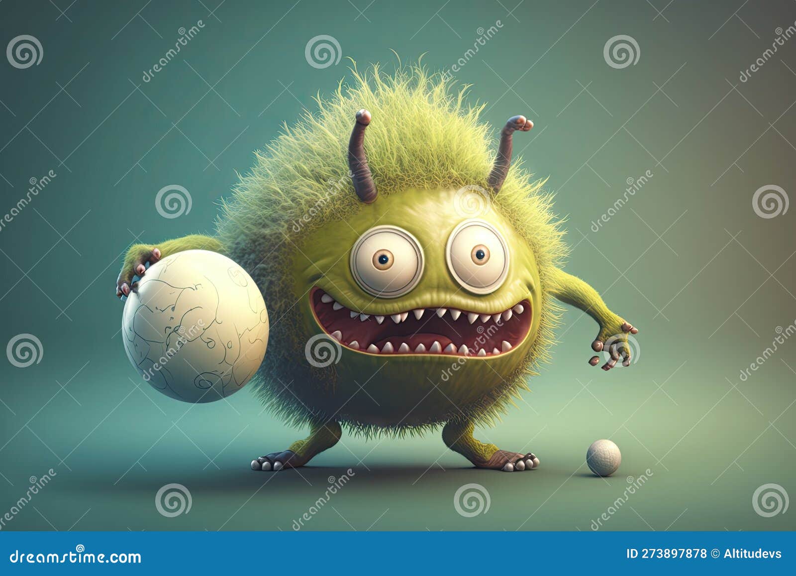 Cute Funny Monster Playing with Ball, Bouncing it on Its Head and Paws ...