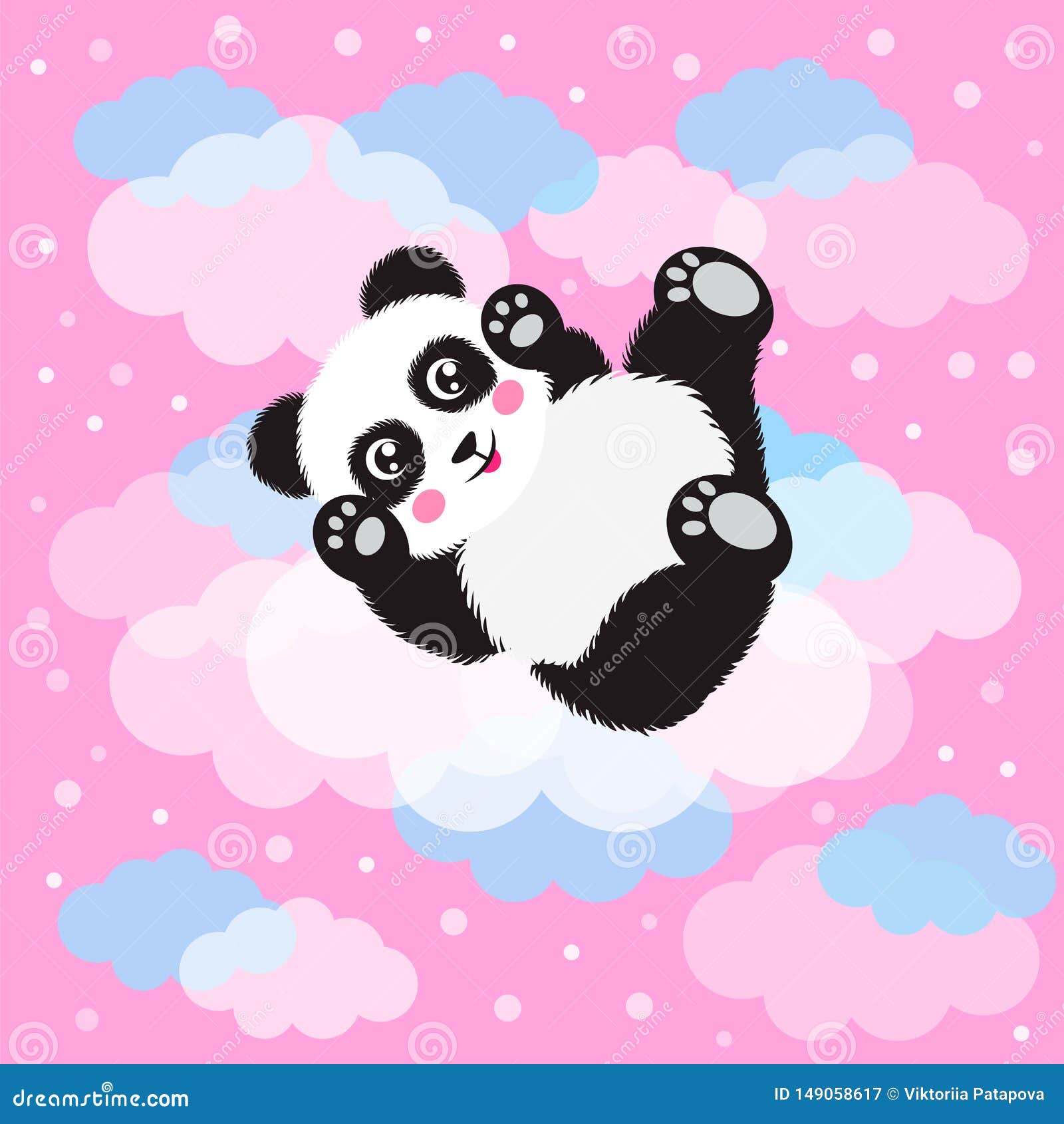 Cute Funny Panda in the Clouds on a Pink Background. Vector ...