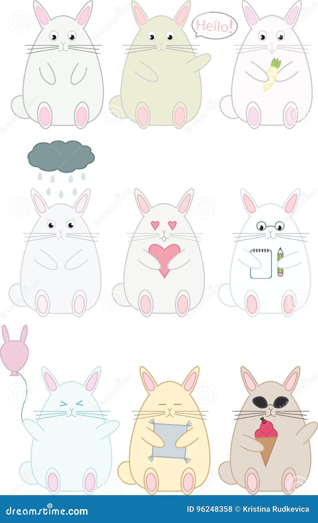 Cute funny rabbits set stock illustration. Illustration of kawaii ...
