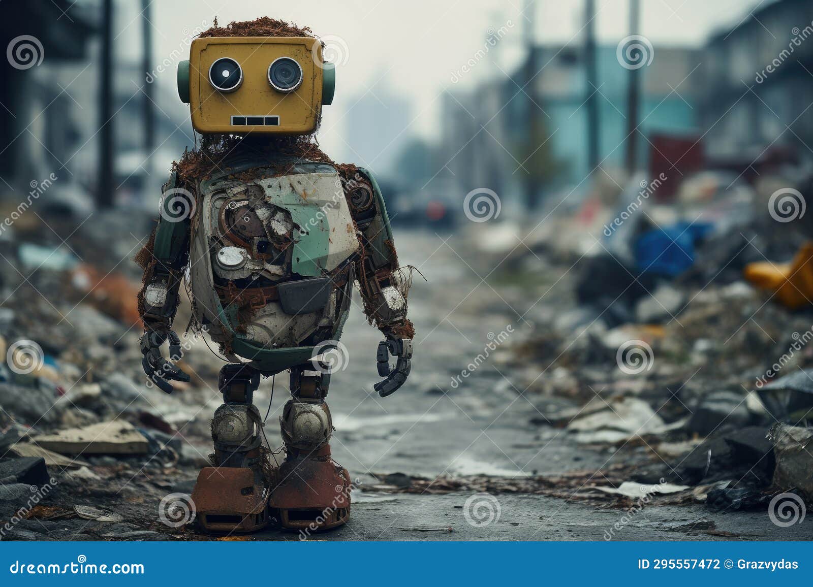 Cute Funny Robot Made of Garbage Standing on a Dirty Street Stock ...