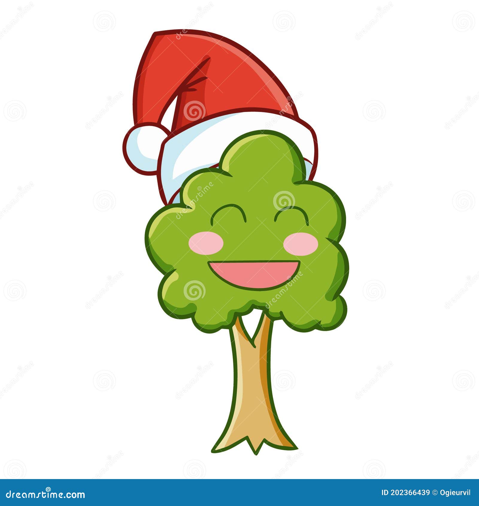 Cute and Funny Tree Wearing Santa`s Hat and Smiling in Doodle Style ...