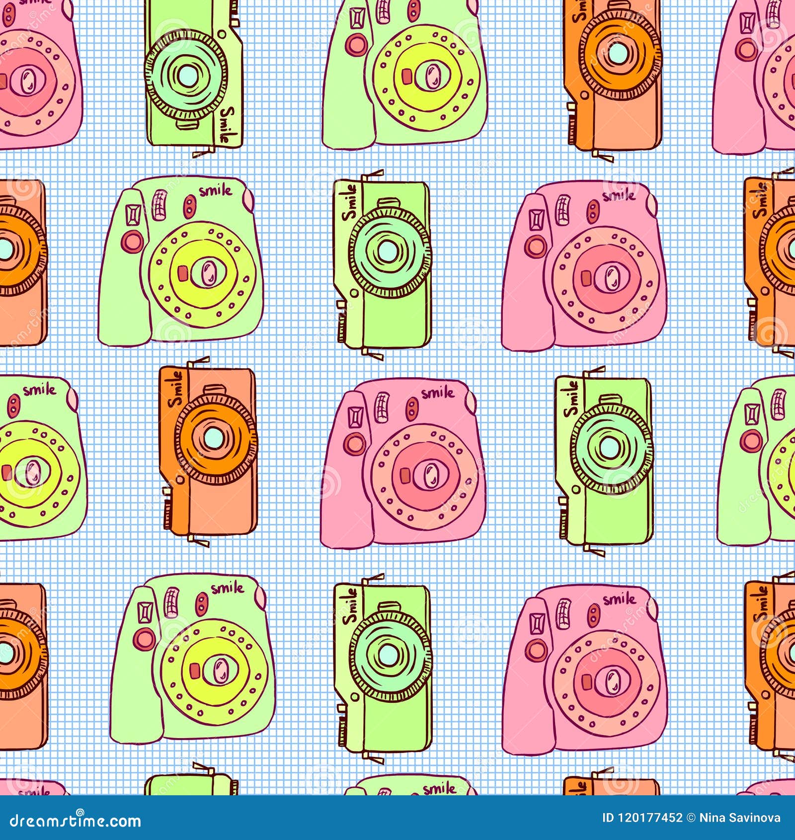 Cute and Funny Vintage Hand Drawn Photo Cameras Seamless Pattern Vector ...