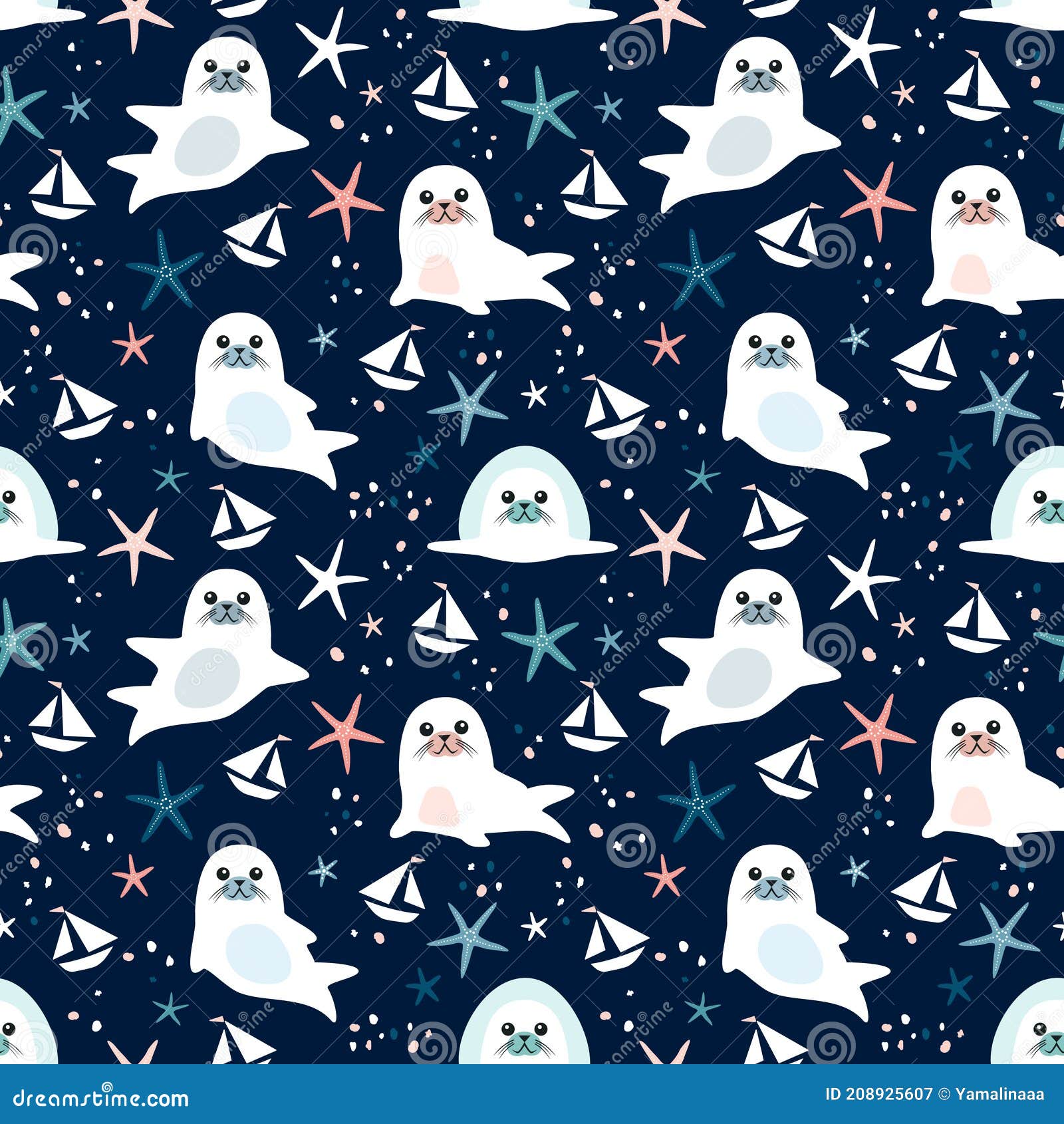 Cute Fur Seals Seamless Pattern. Vector Illustration in Cartoon Style ...