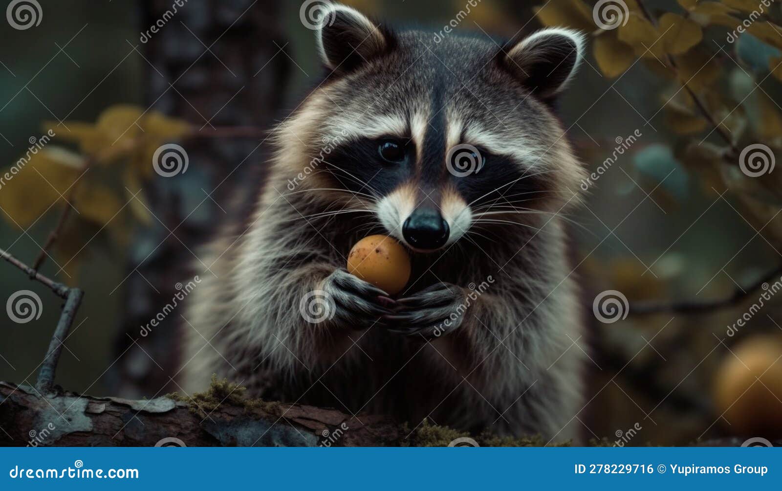 Cute Furry Raccoon Eating on Tree Branch Generated by AI Stock ...