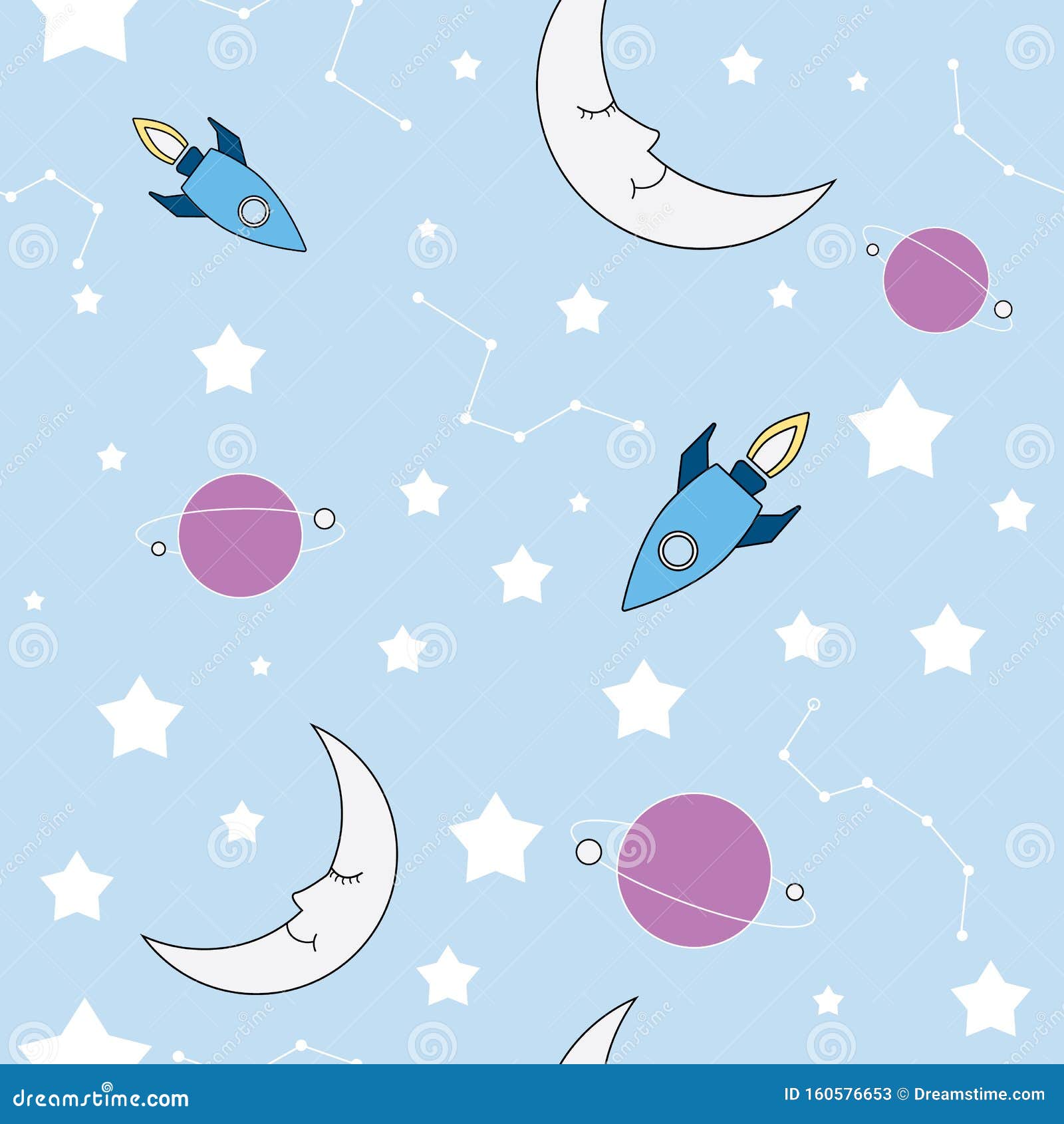 Cute Galaxy Seamless Pattern. Moon, Spaceship and Planets in the Sky ...