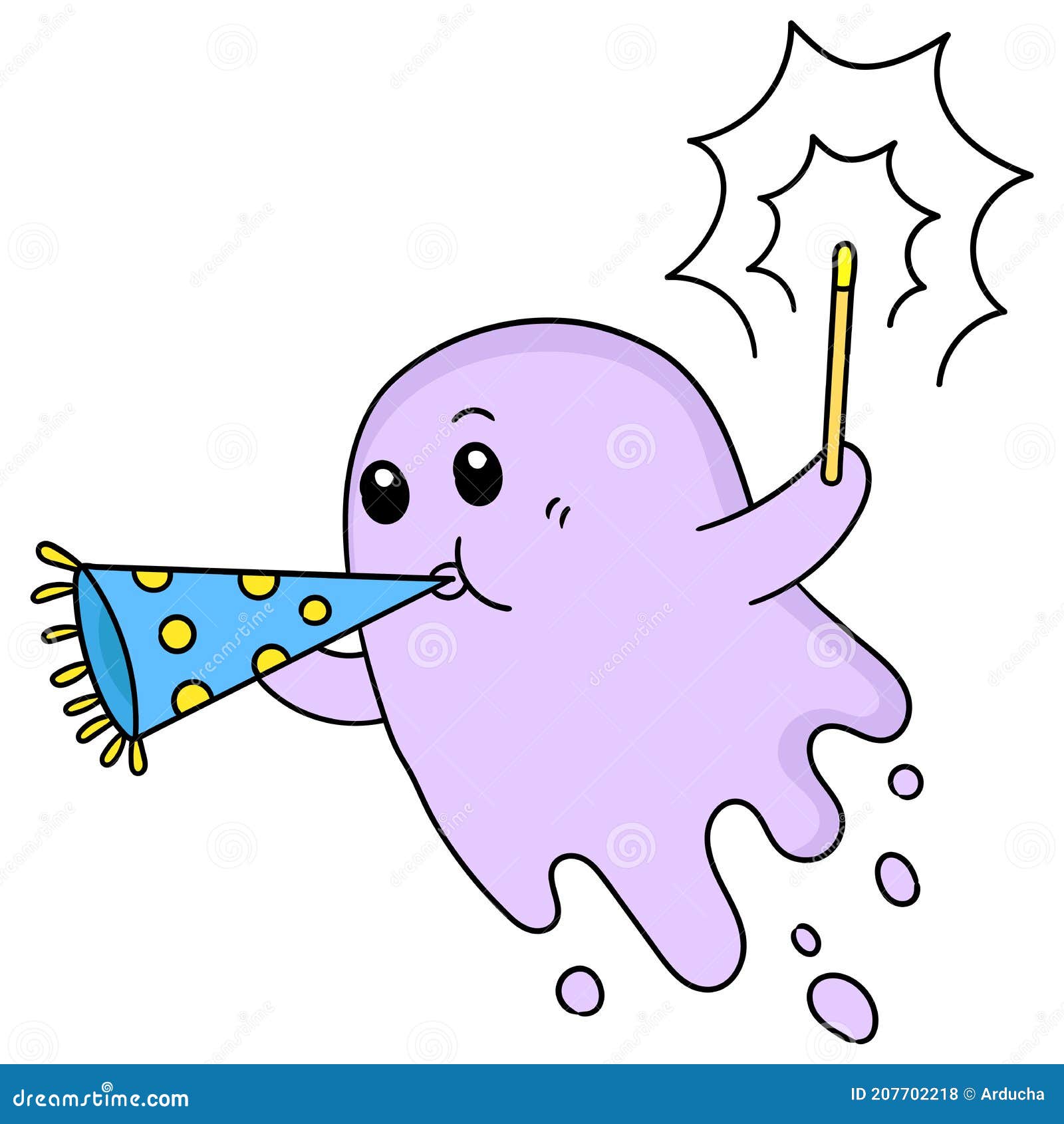 Cute Ghost is Celebrating the New Year by Lighting Fireworks, Doodle ...