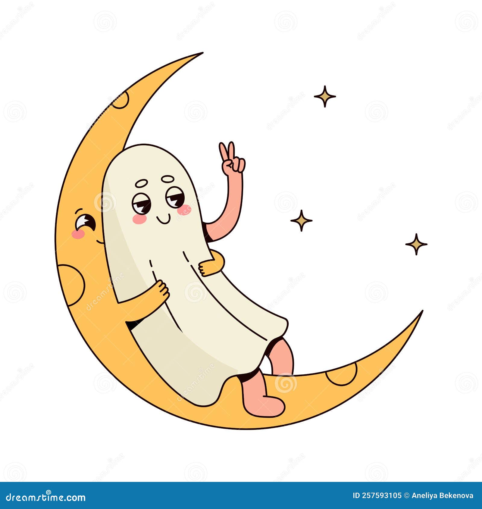 Cute Ghost Chilling on the Moon. Vector Illustration in Retro Cartoon ...