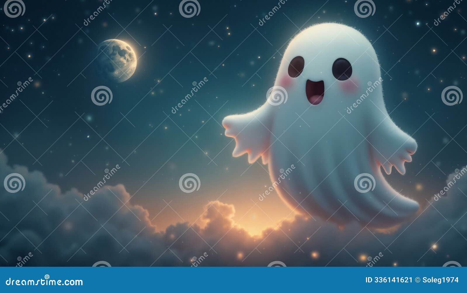 Cute Ghost Flying Over Clouds in the Night Sky, Darkness and Moonlight ...