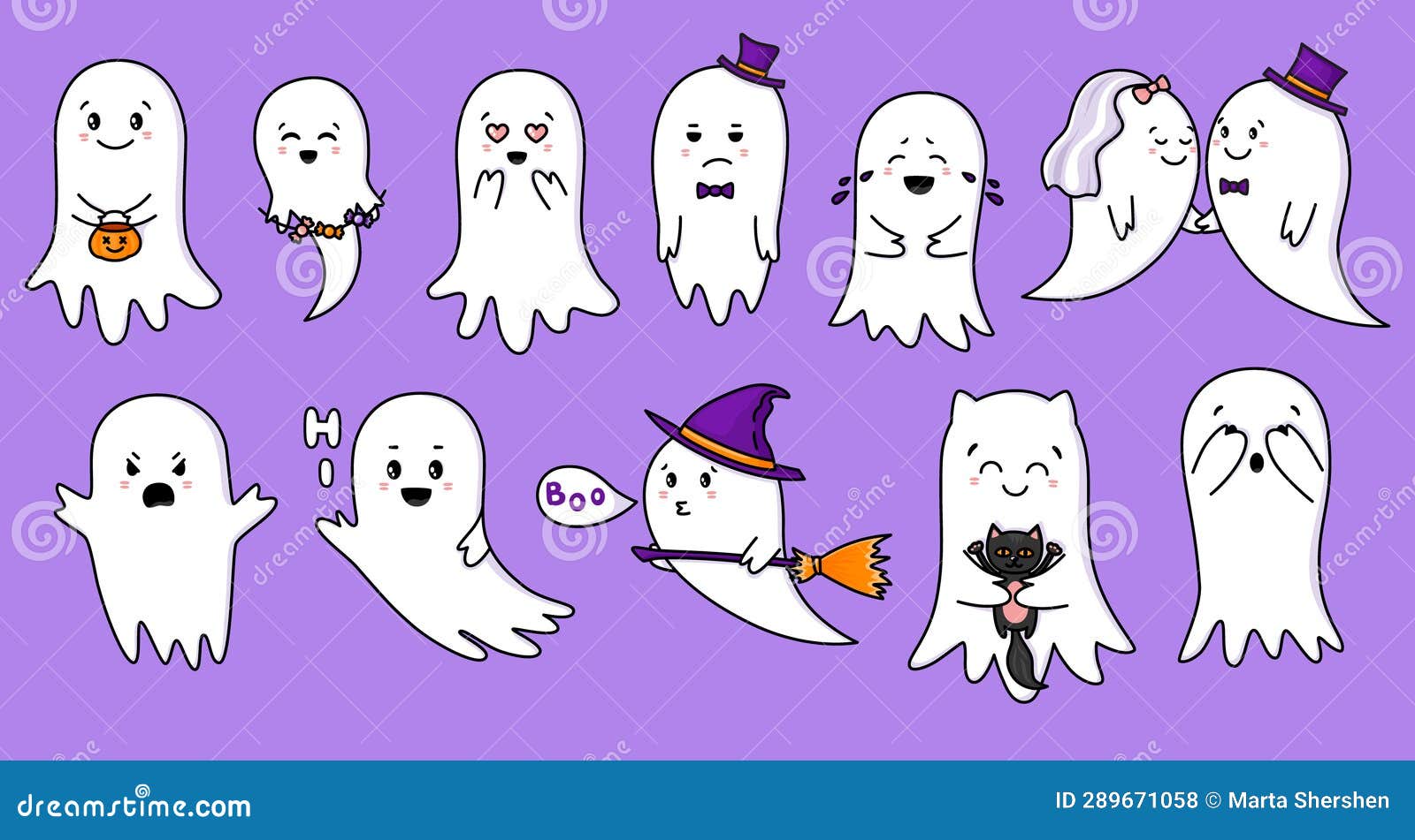 Cute Ghost. Halloween Ghosts Characters with Different Emotions. Spooky ...
