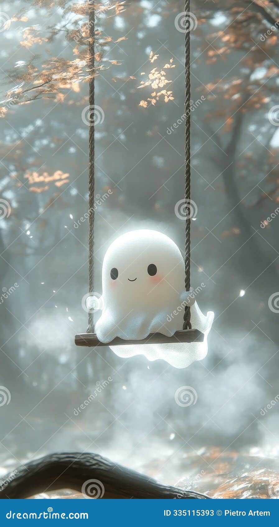 Cute Ghost Having Fun on a Swing in a Spooky Forest Stock Image - Image ...