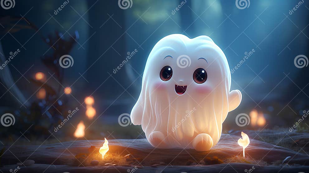 Cute ghost in night forest stock illustration. Illustration of cartoon ...