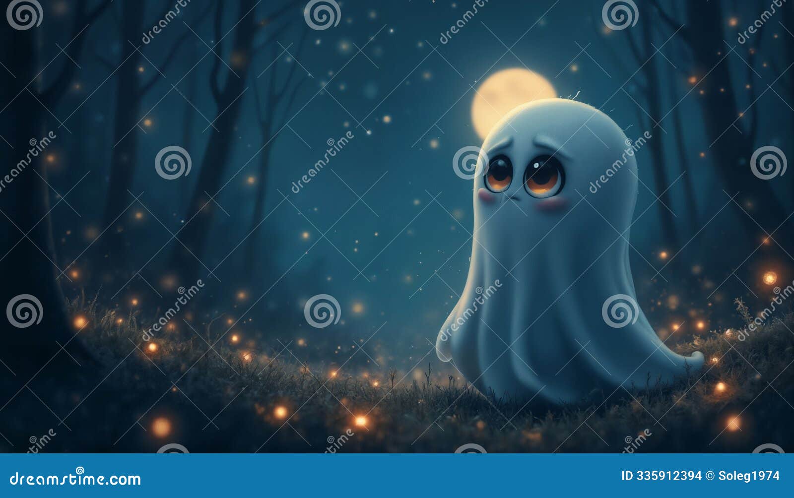 Cute Ghost in the Night Forest in a Glade, Darkness and Moonlight ...