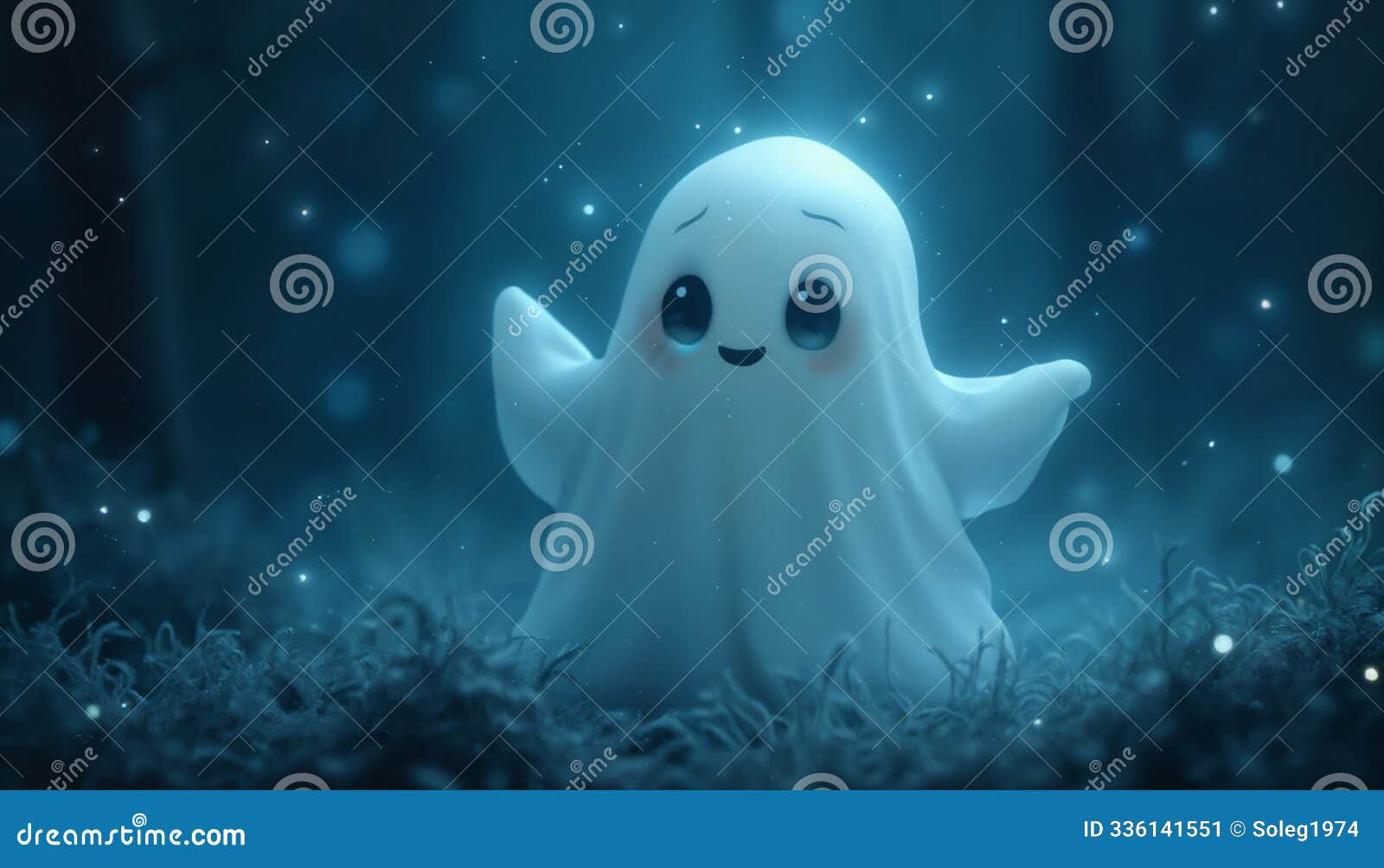 Cute Ghost in the Night Forest in a Glade, Darkness and Moonlight ...