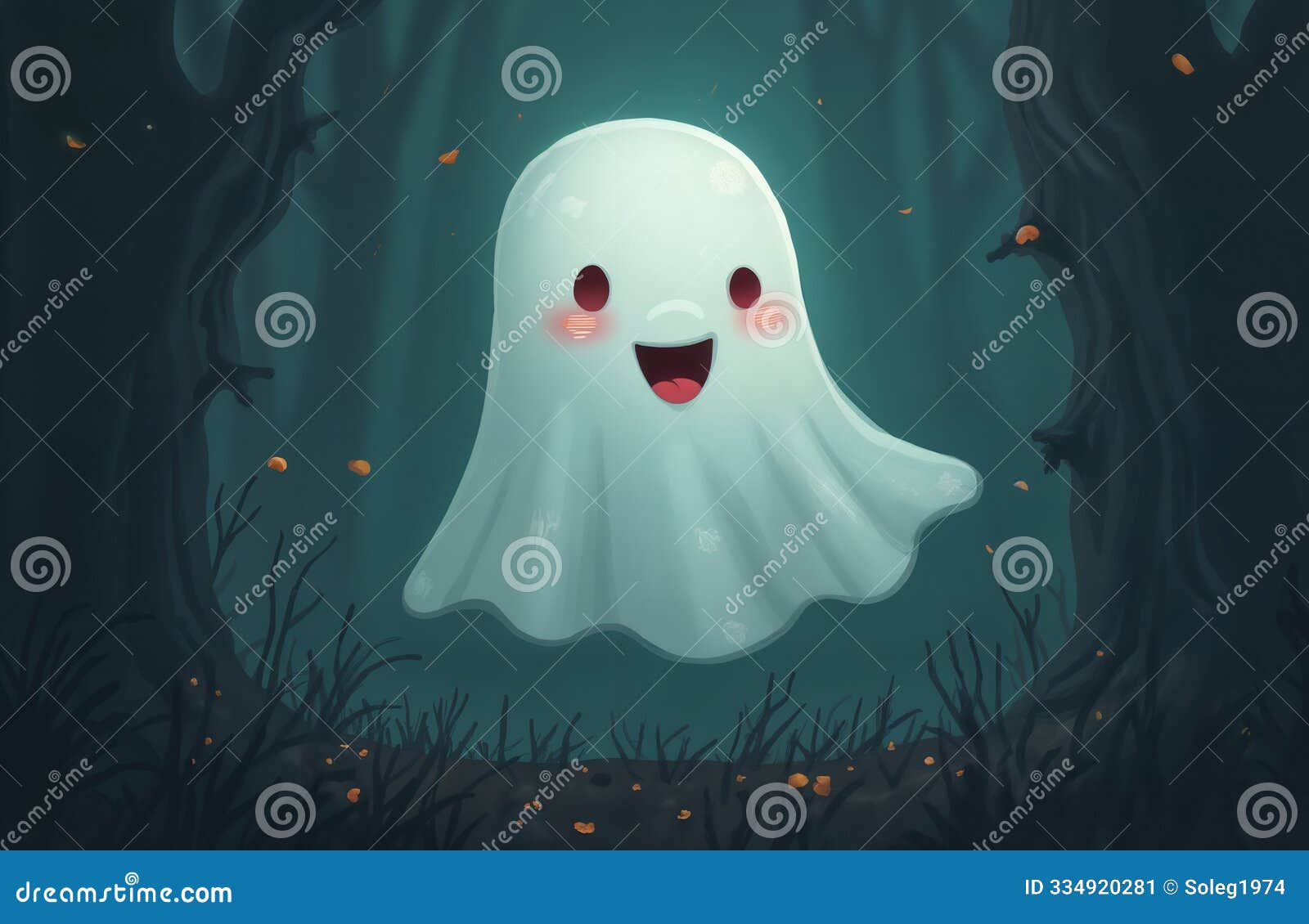 Cute Ghost in the Night Forest, Halloween Party, Dark and Moonlight ...
