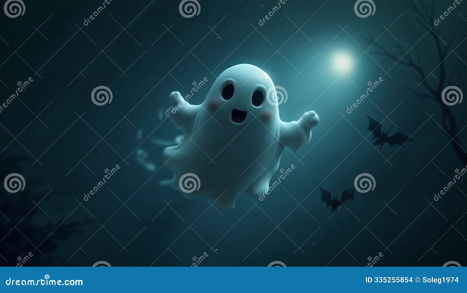 Cute Ghost in the Night Forest, Halloween Party, Dark and Moonlight ...