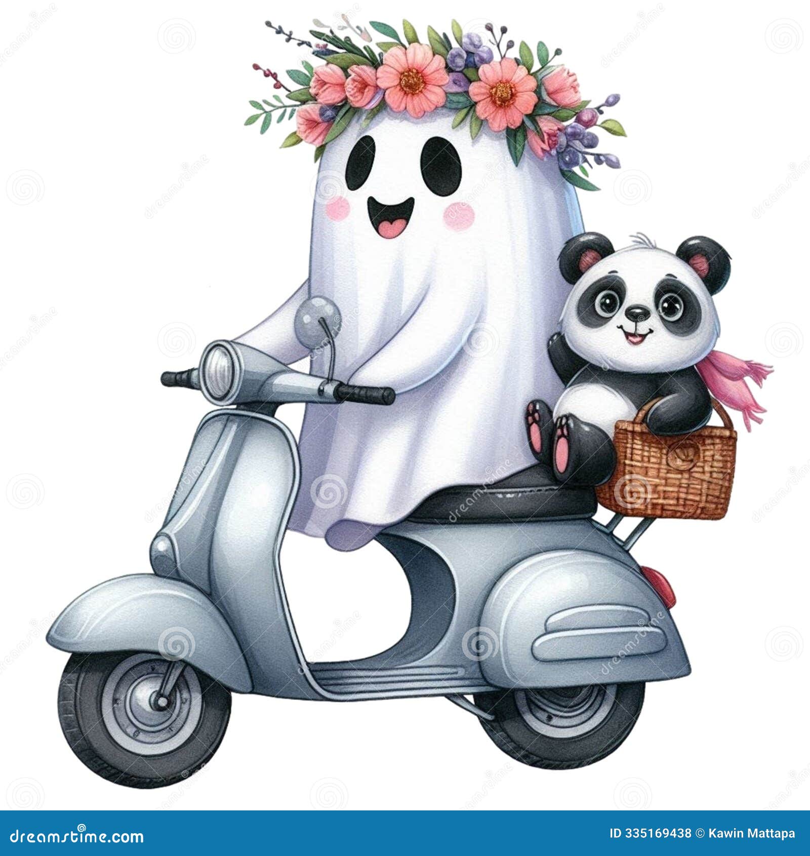 Cute Ghost and Panda Clipart Watercolor Stock Illustration ...