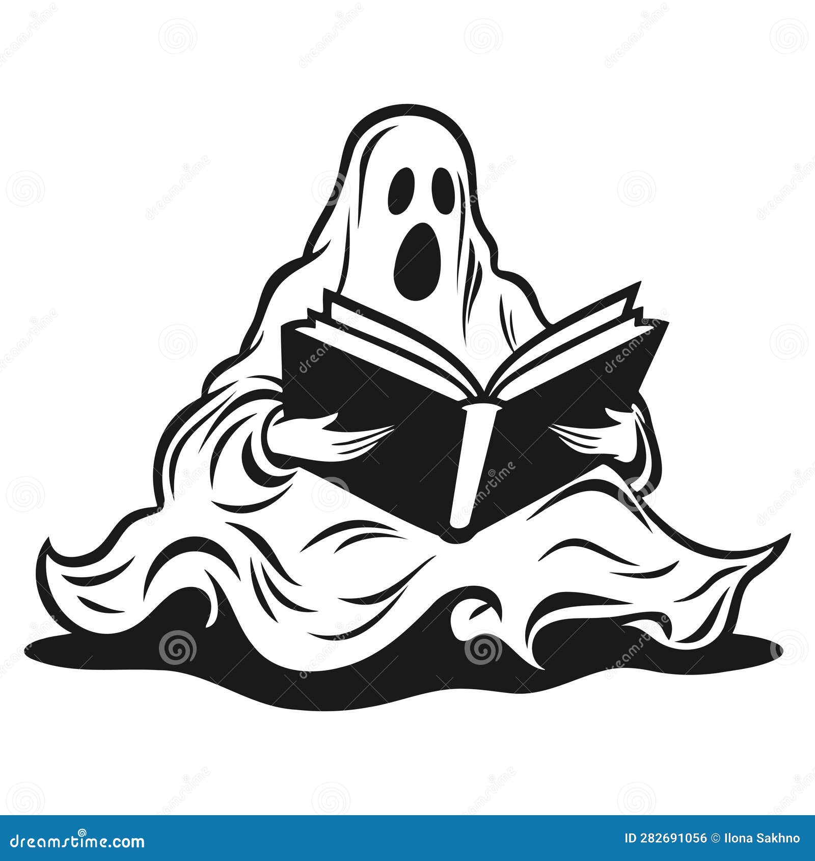 Cute Ghost Read Book. Draw Illustration in Black and White Stock Vector ...