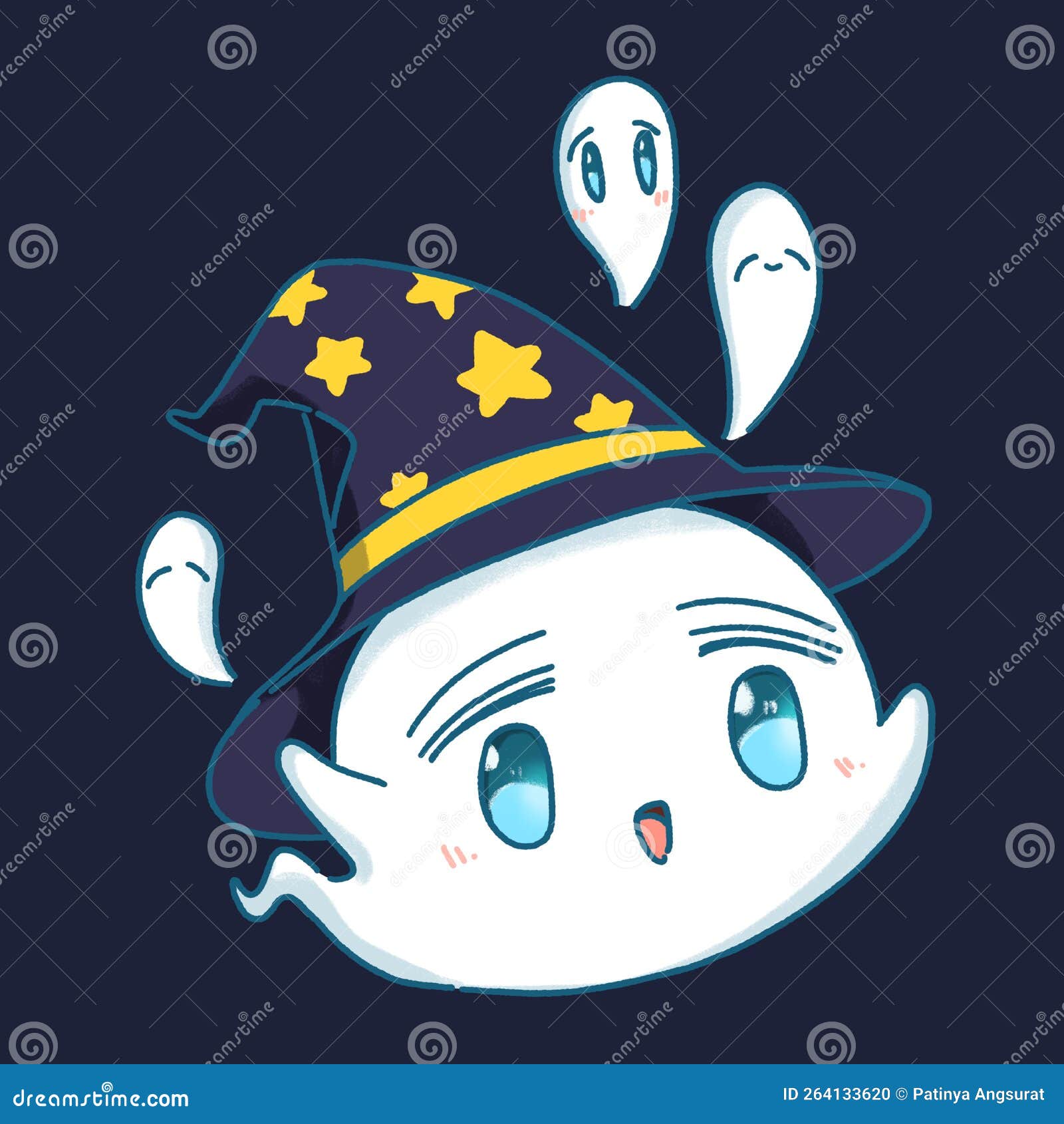 Cute Ghost Spirit Character Wearing Witch Hat with Little Spirit ...