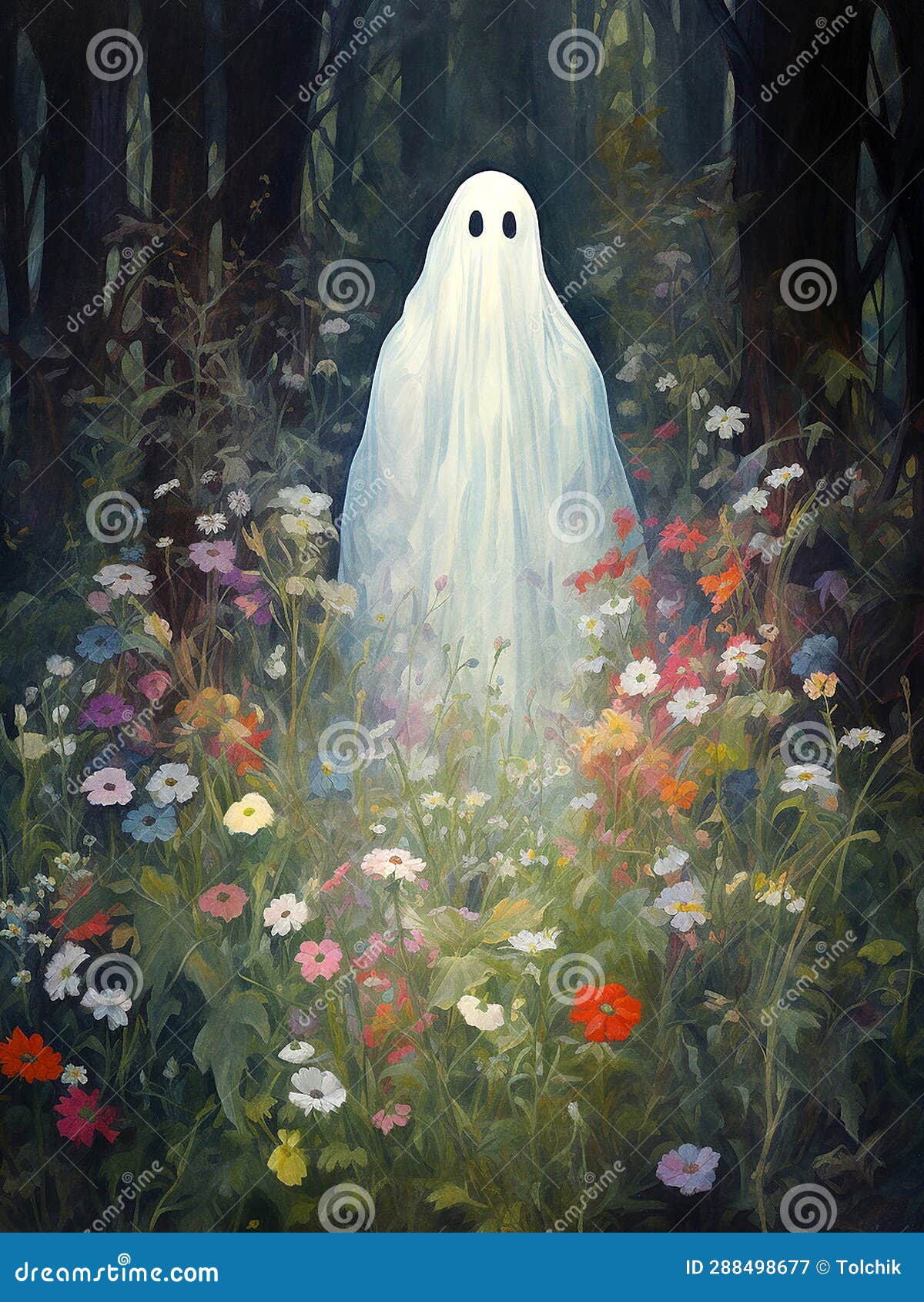 Cute Ghost Walking in a Flowery Forest Stock Illustration ...