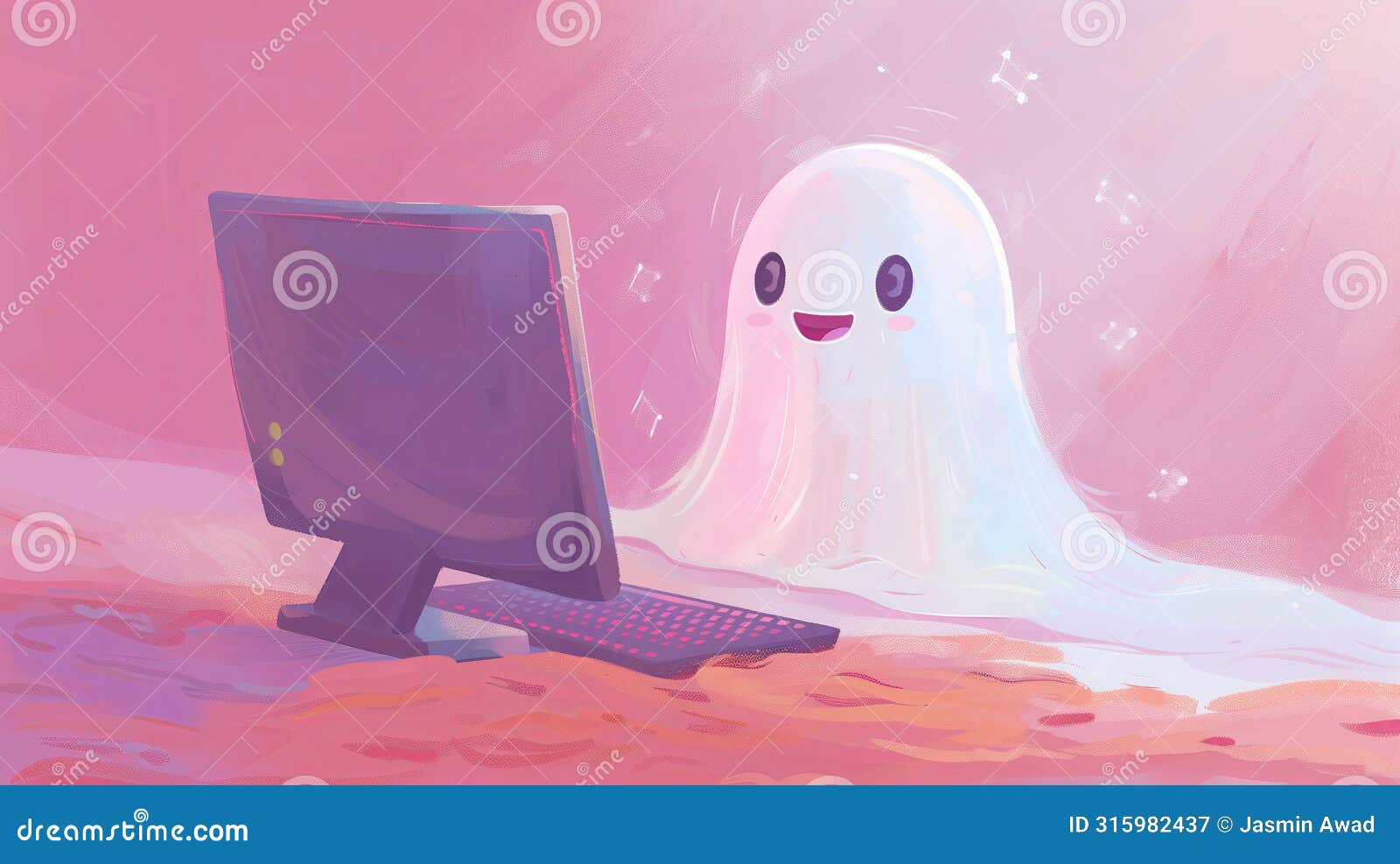 Cute Ghost Working on Computer with Copy Space Stock Illustration ...