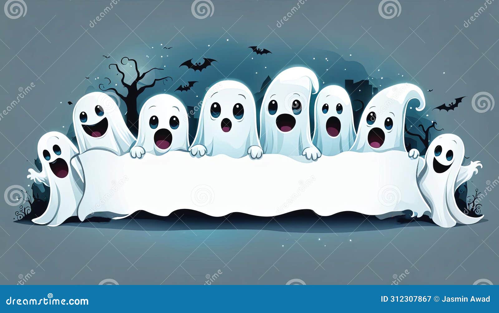 Cute Ghosts Holding an Empty Banner Stock Illustration - Illustration ...